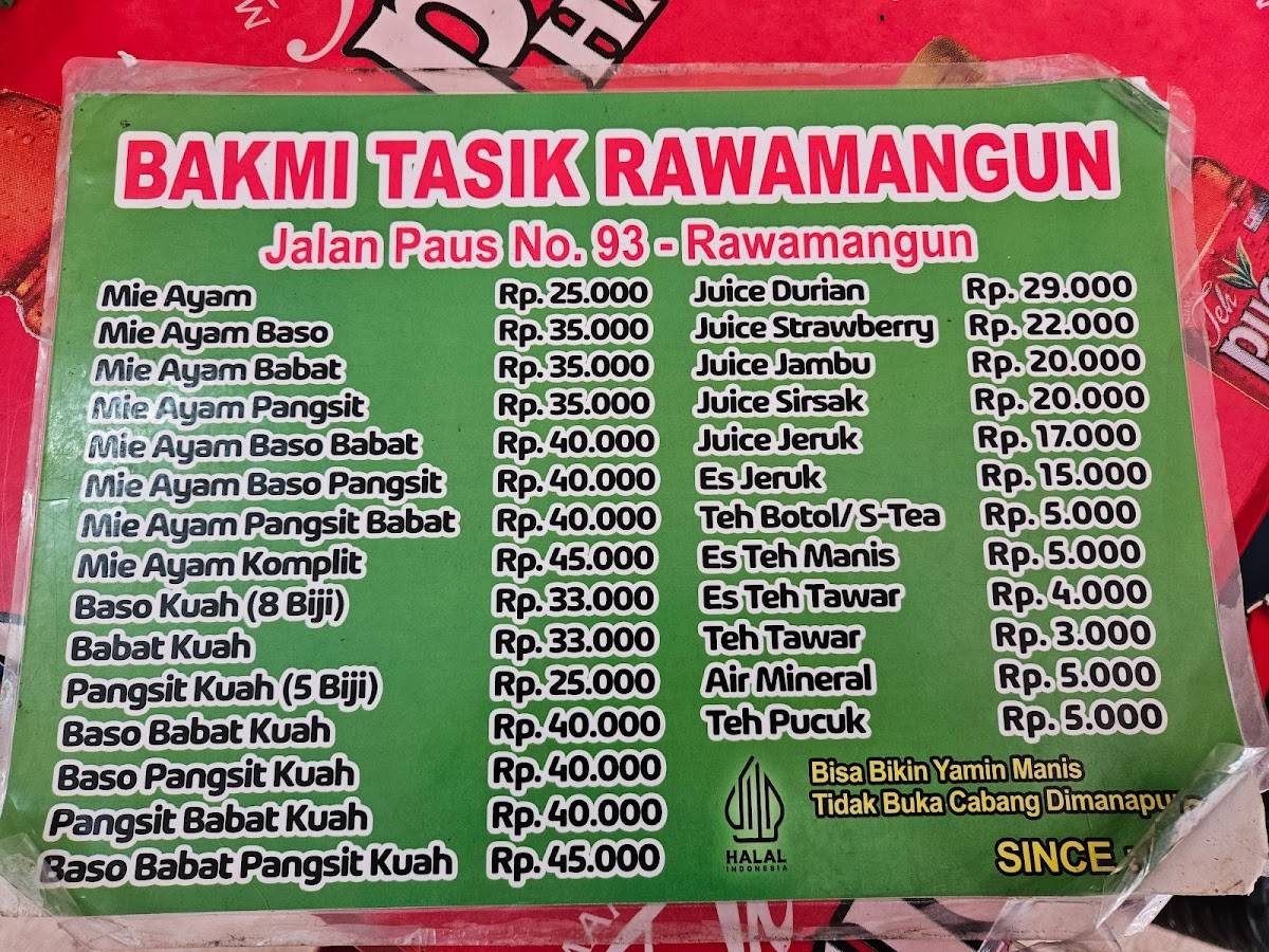 Menu at Bakmi Tasik restaurant, East Jakarta, Jl. Paus No.93