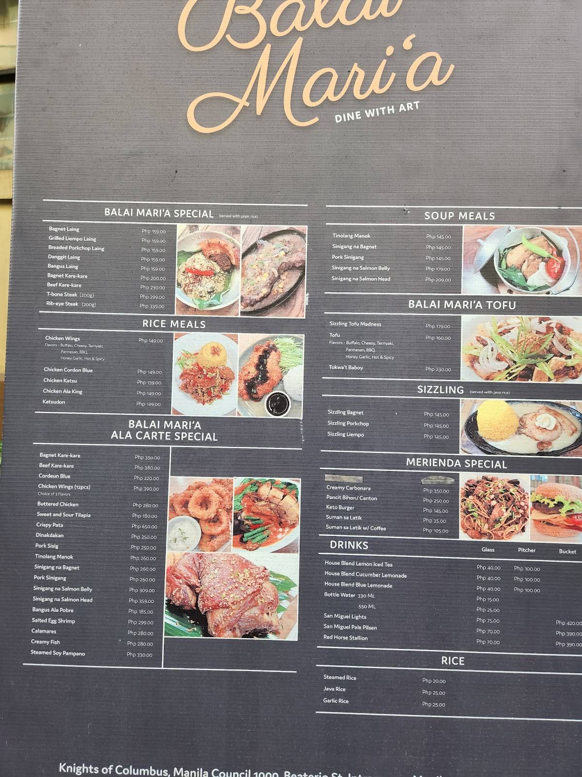 Menu at Balai Maria restaurant, Manila