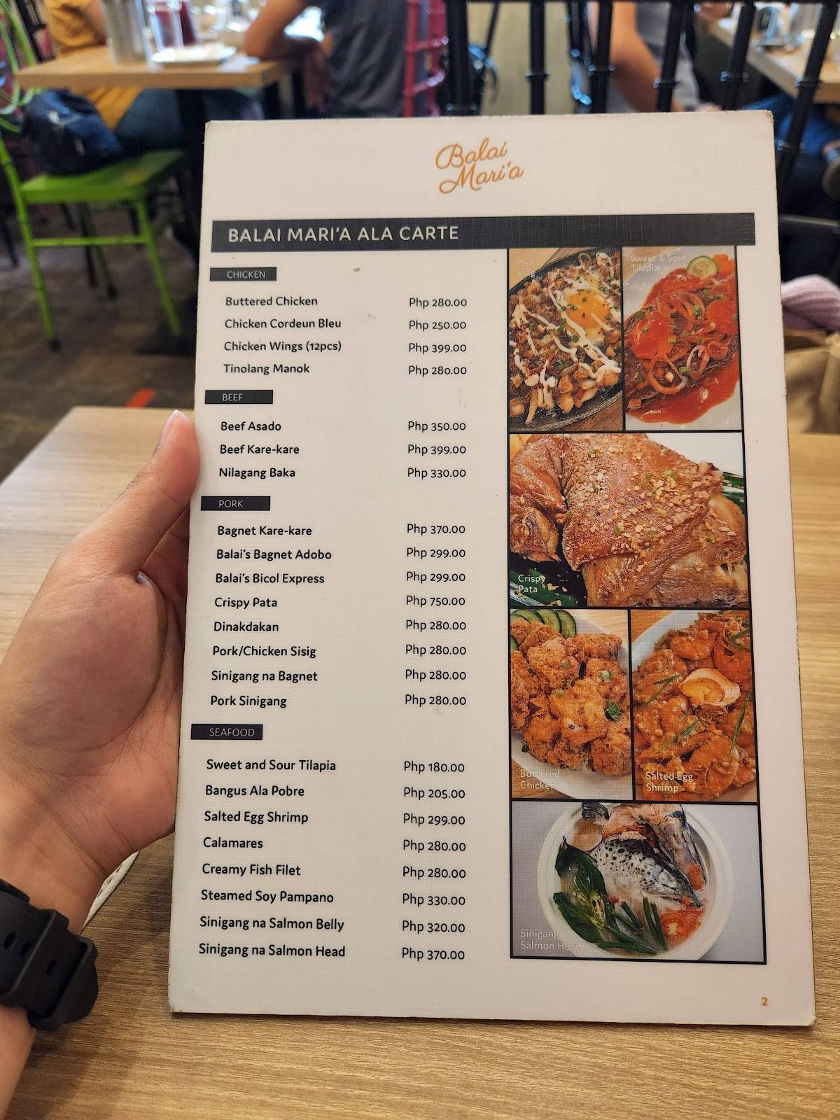 Menu at Balai Maria restaurant, Manila
