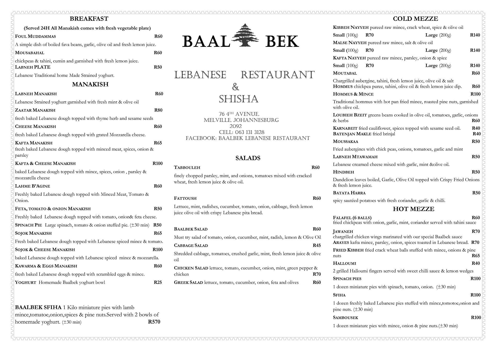 Carta de Balbek Lebanese Restaurant, Johannesburgo