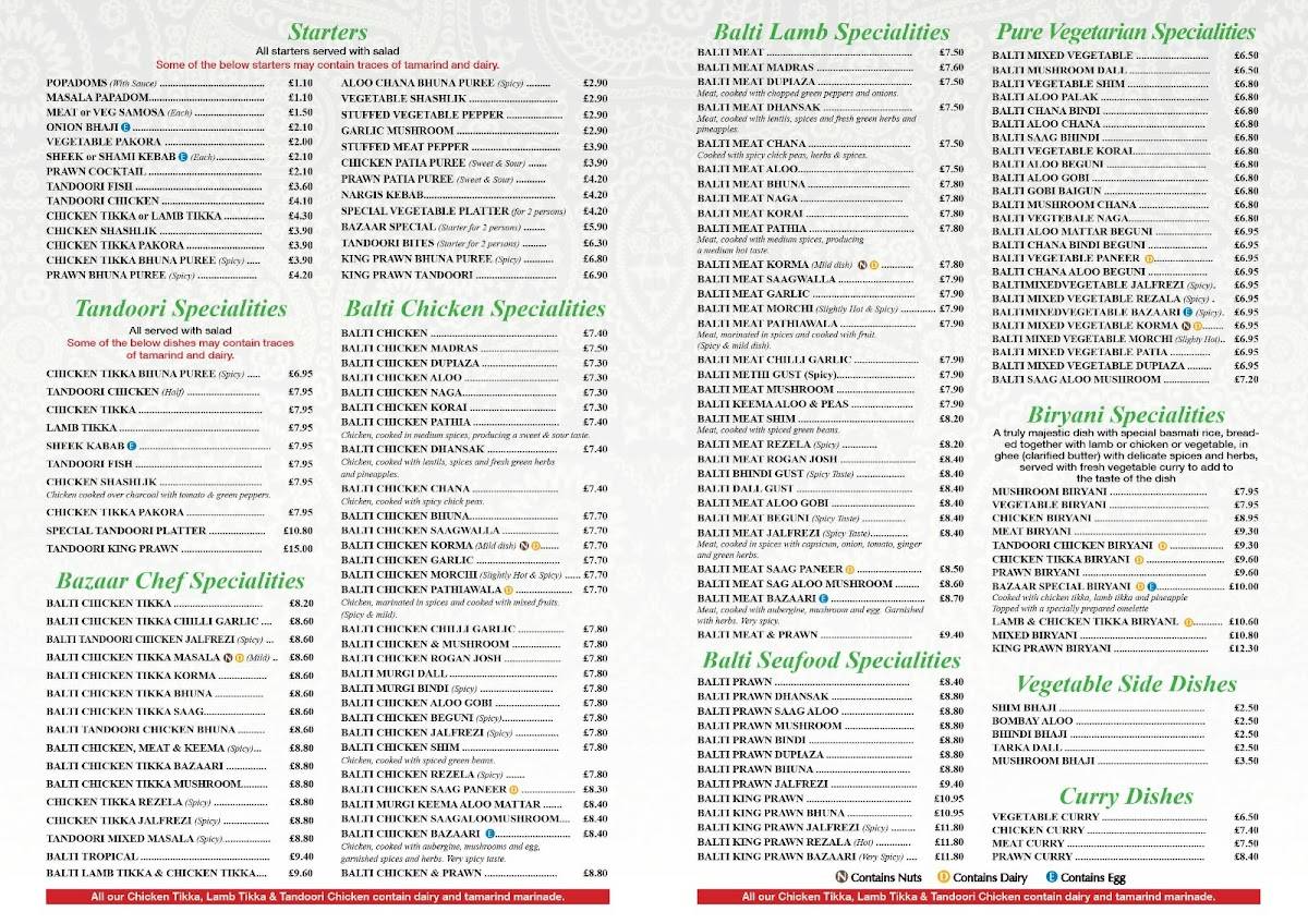 Menu at Balti Bazaar restaurant, Birmingham, Pershore Rd