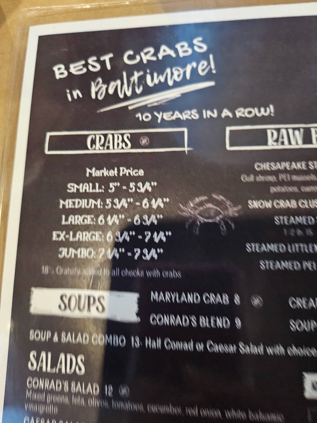 Menu at Conrad's Seafood Restaurant, Perry Hall