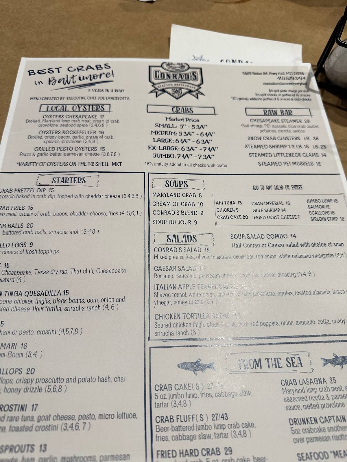 Menu at Conrad's Seafood Restaurant, Perry Hall