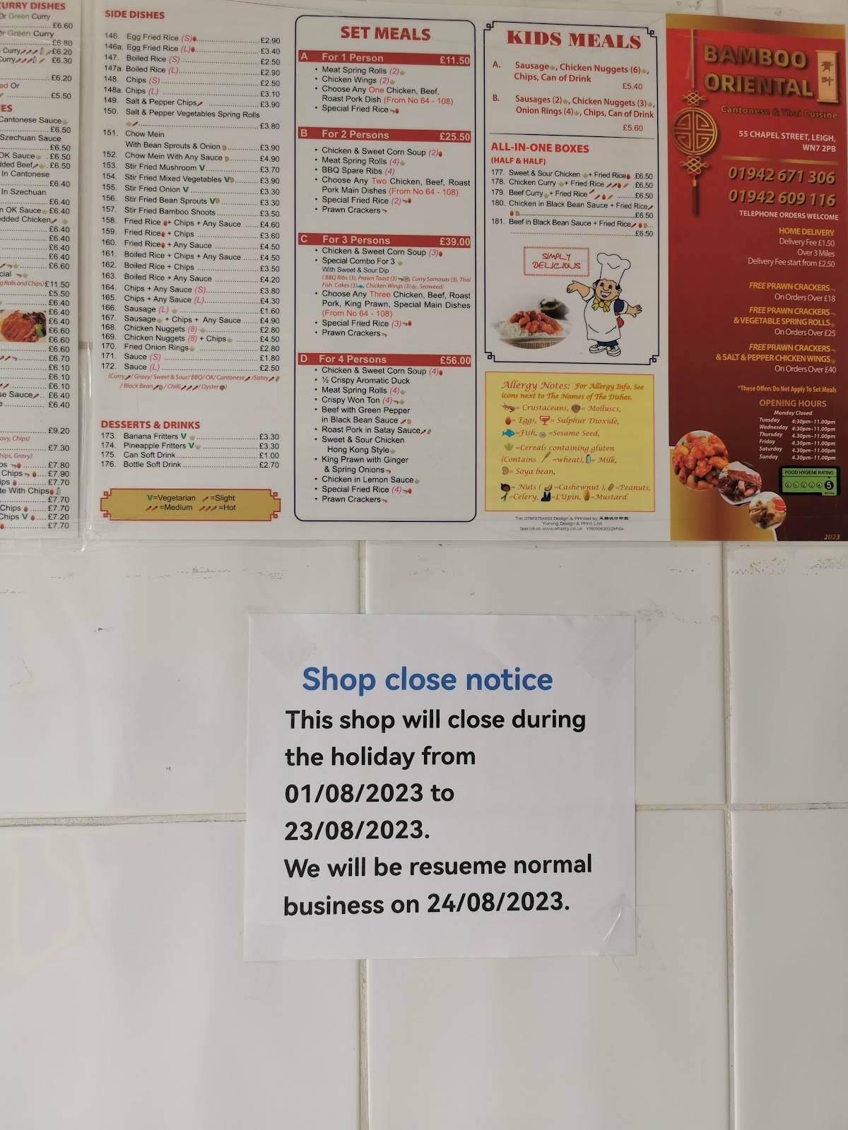 Menu at Bamboo Oriental Chinese Takeaway restaurant, Leigh