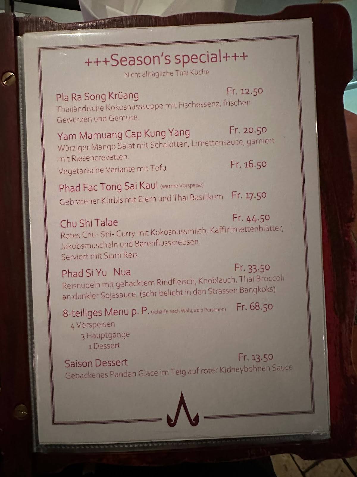 Speisekarte von Ban Song Thai Restaurant, Zürich