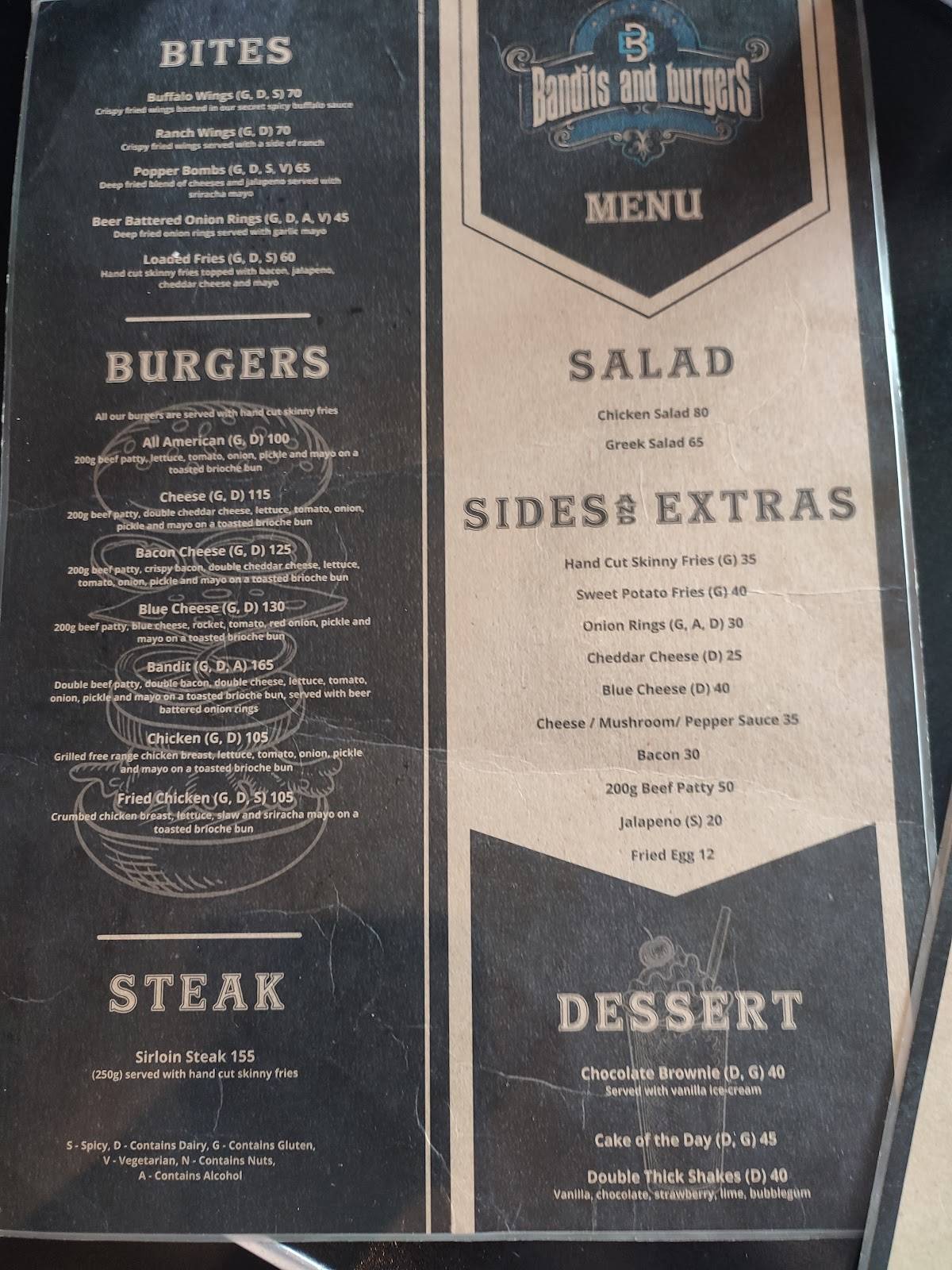 Menu at Bandits & Burgers Sea Point restaurant, Cape Town