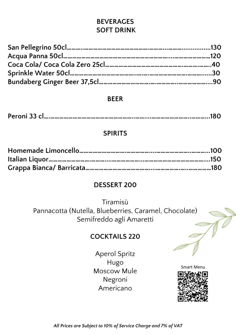 Menu at Parma Ari restaurant, Bangkok