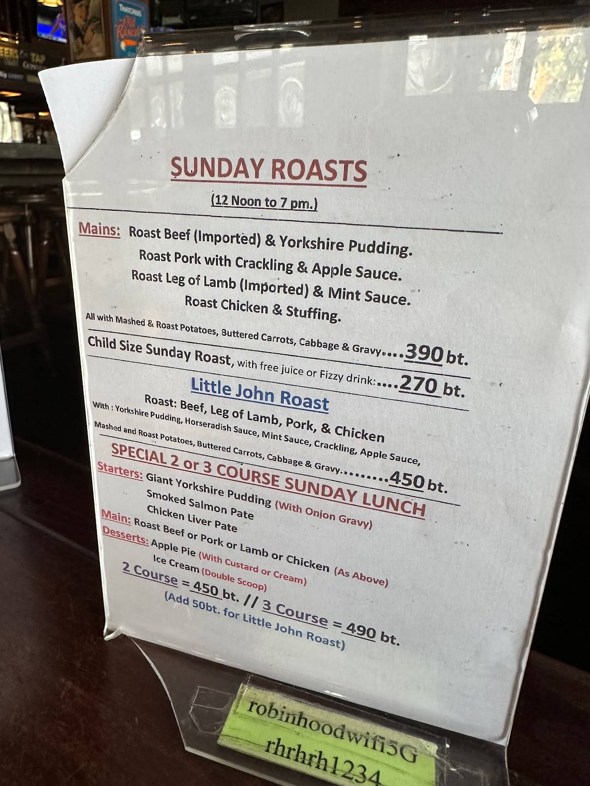 Menu at Robin Hood pub & bar, Bangkok