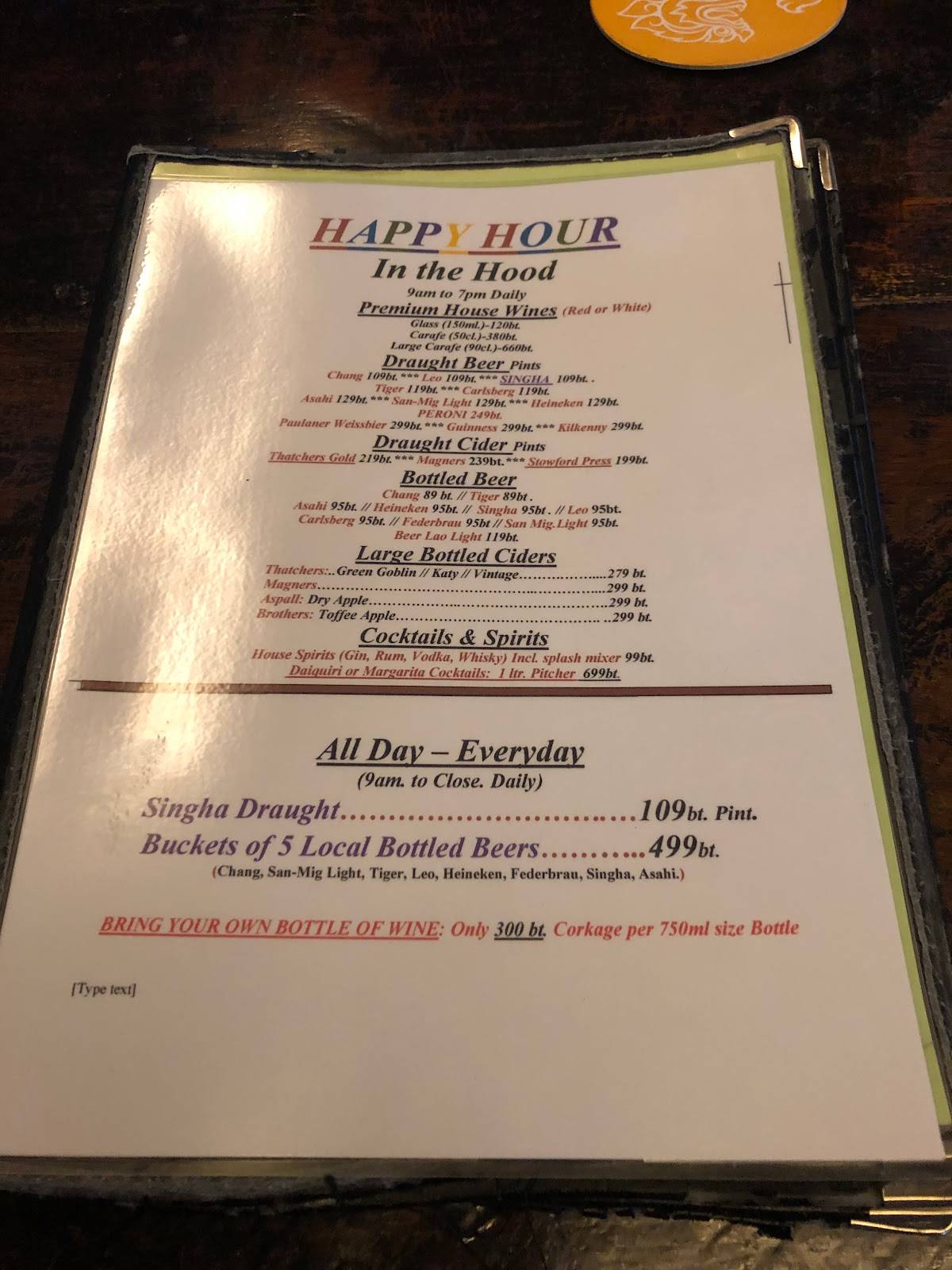 Menu at Robin Hood pub & bar, Bangkok