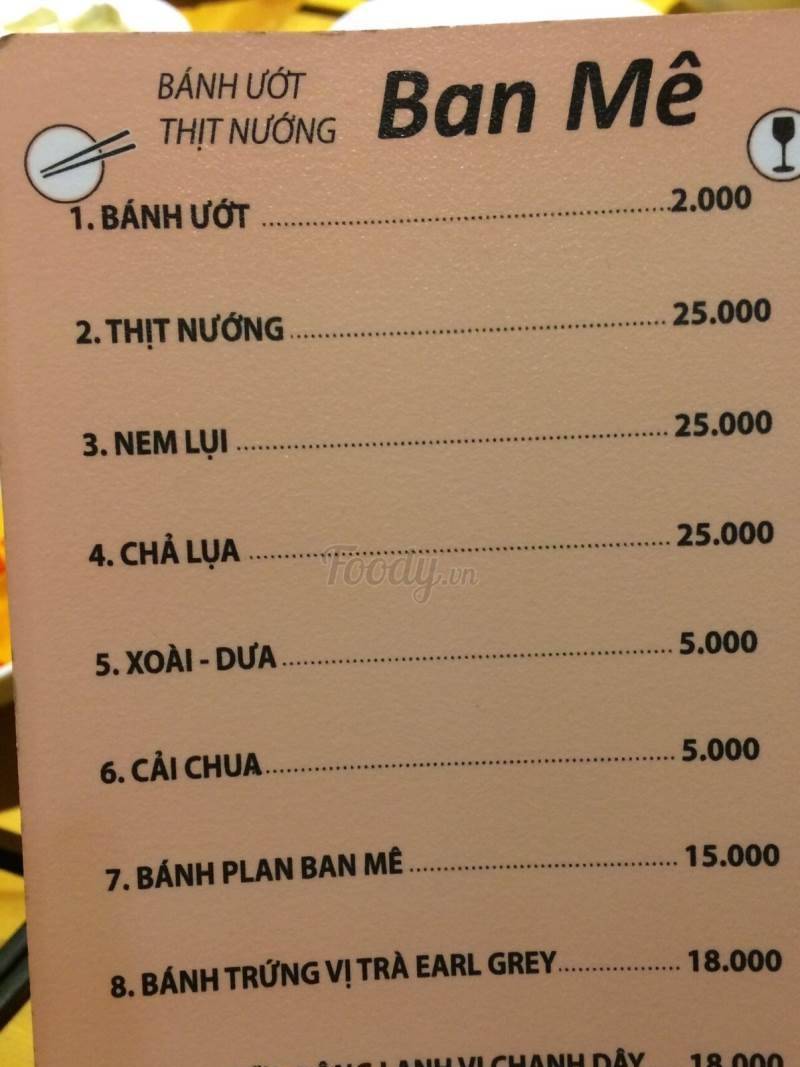 Menu at Bánh ướt - thịt nướng Ban Mê restaurant, Ho Chi Minh City