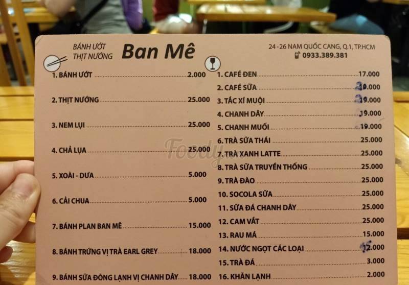 Menu at Bánh ướt - thịt nướng Ban Mê restaurant, Ho Chi Minh City