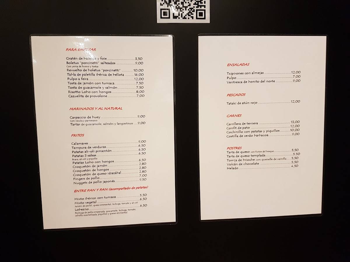 Menu at Bar El Lobo, San Sebastián, Peña y Goñi Kalea