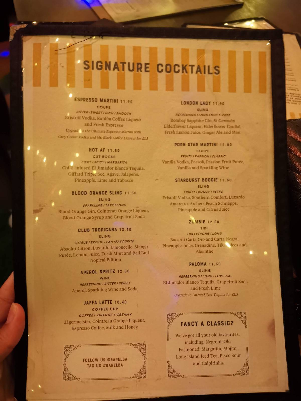 Menu at Bar Elba - Waterloo, London