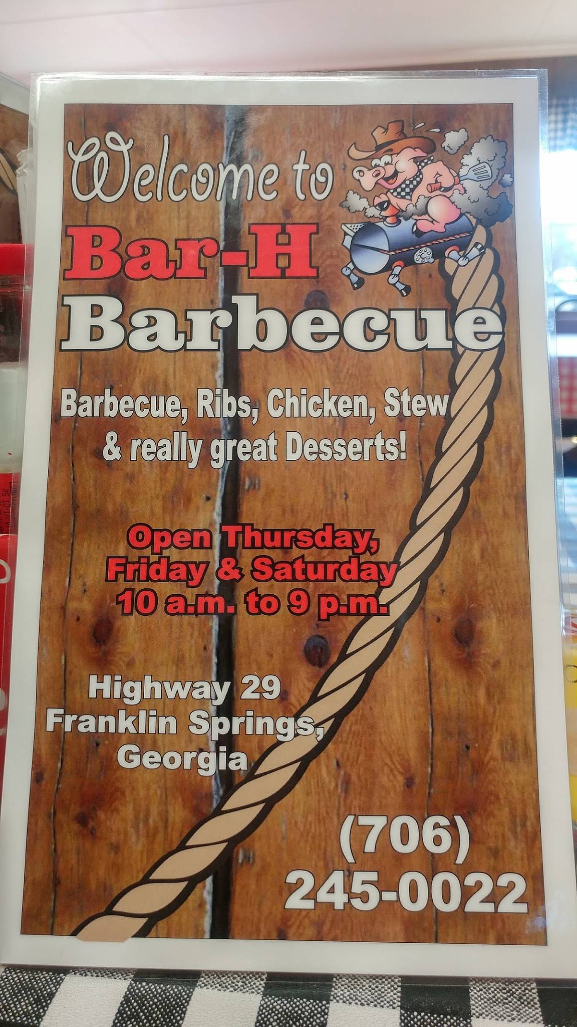 Menu at Bar H Barbecue, Franklin Springs