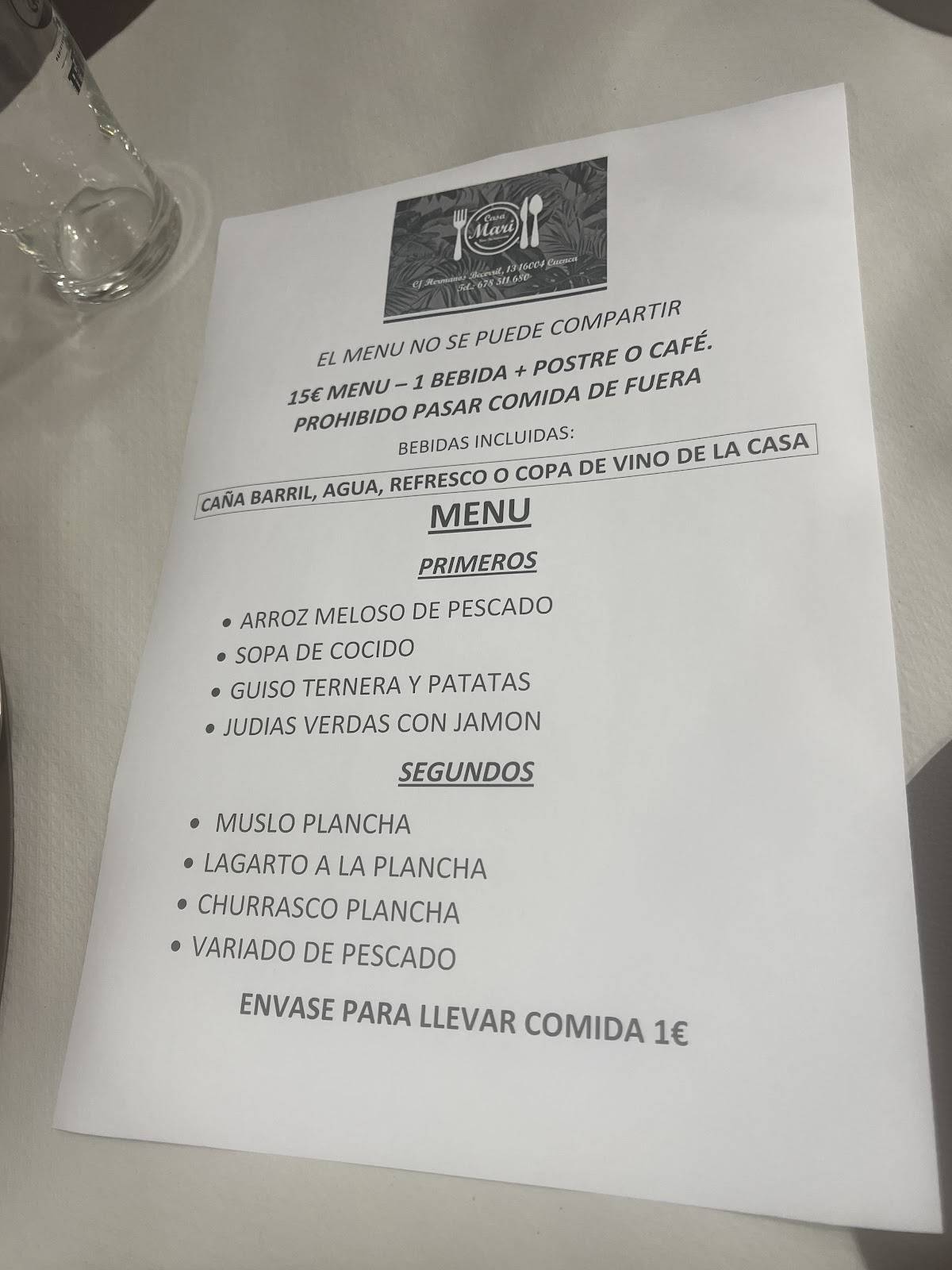 Carta de Bar-Restaurante Casa Mari, Cuenca