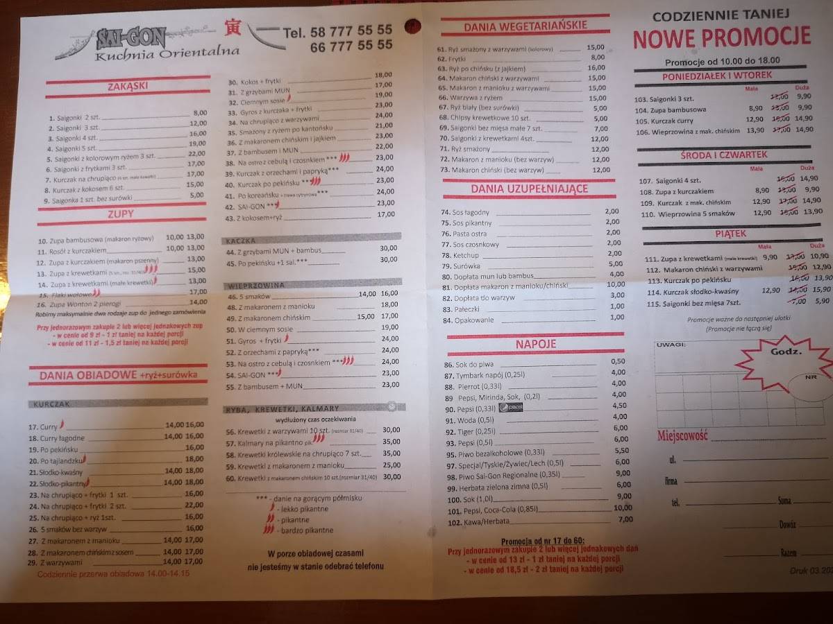 Menu at Bar SAI-GON, Tczew
