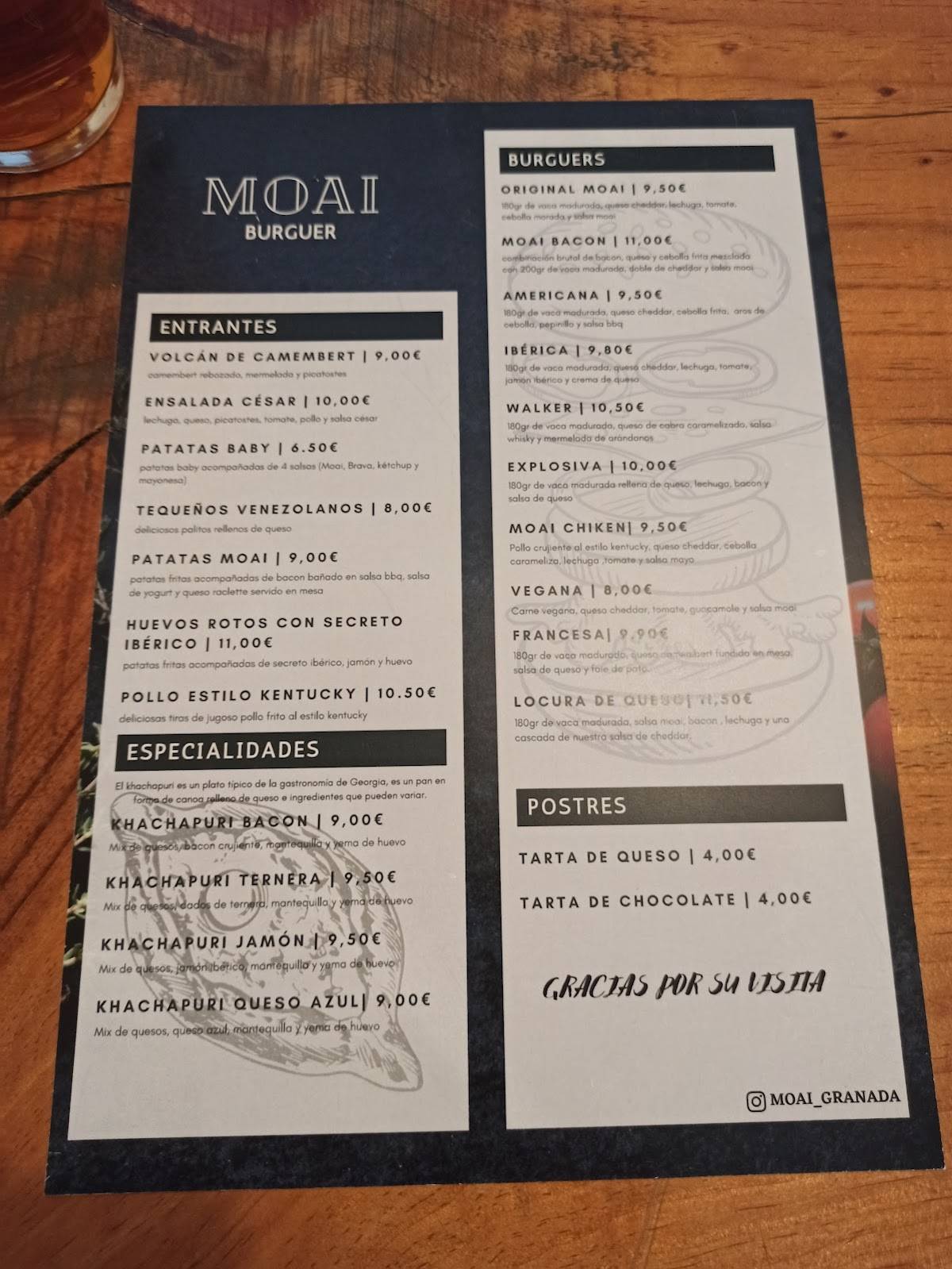 Carta de Bar restaurante MOAI, Granada, C. Manuel de Falla