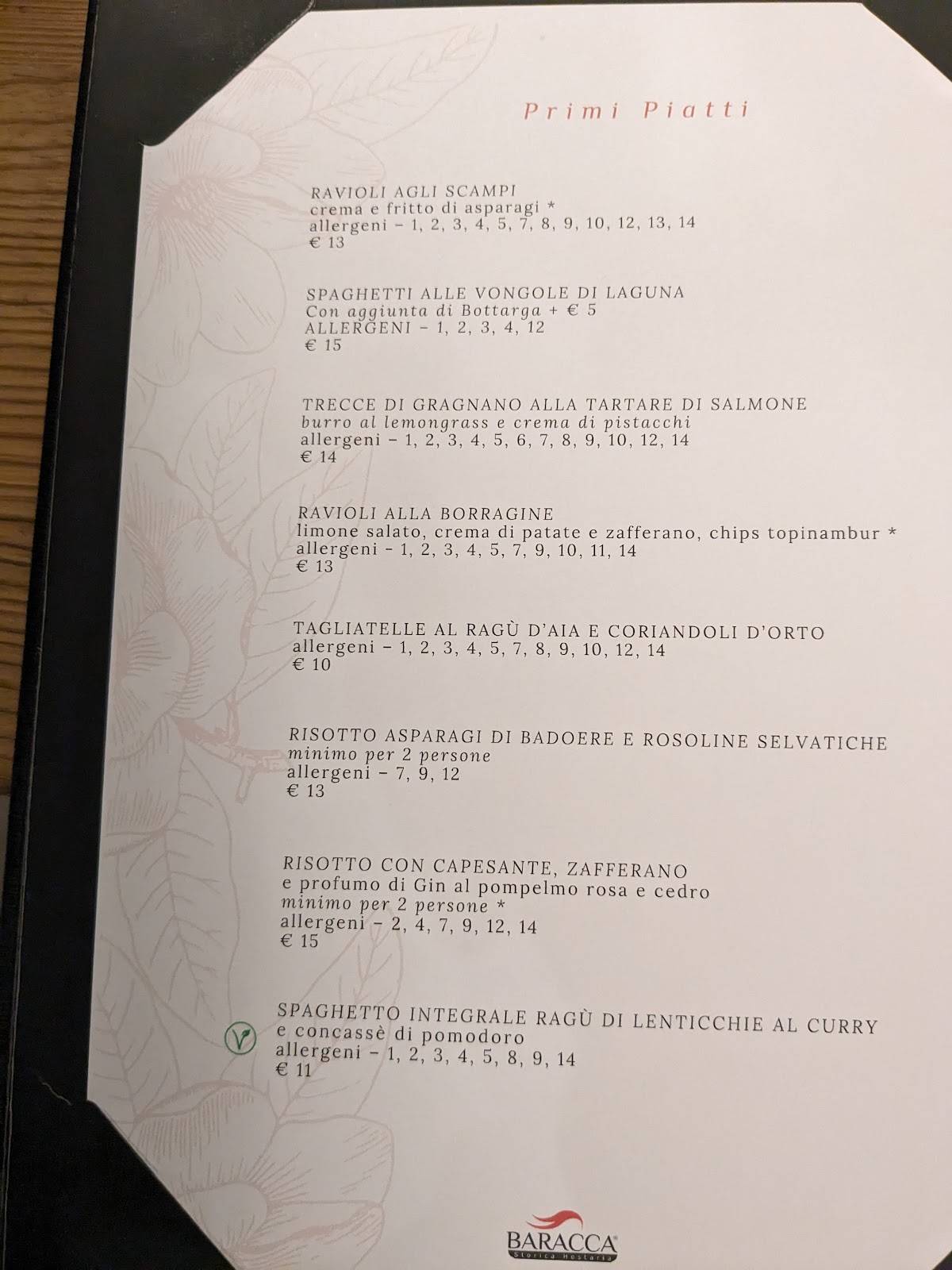 Menu da Baracca Storica Hostaria, Trebaseleghe