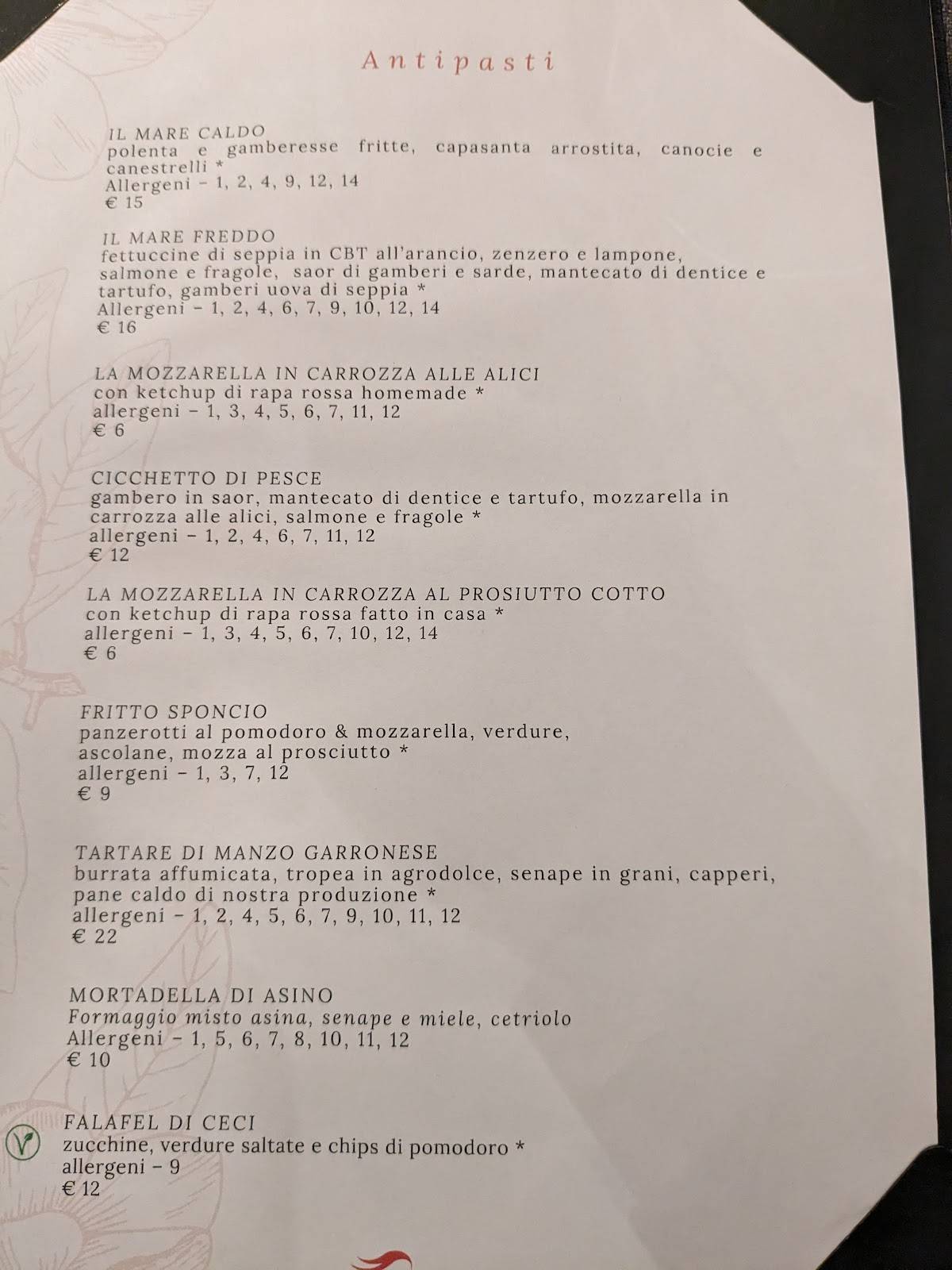 Menu da Baracca Storica Hostaria, Trebaseleghe