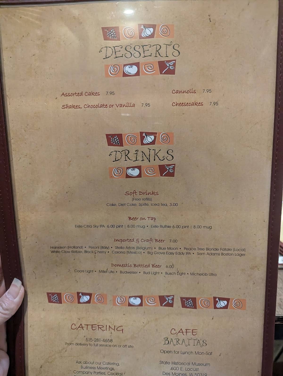 Menu at Baratta's Restaurant and Catering, Des Moines, S Union St