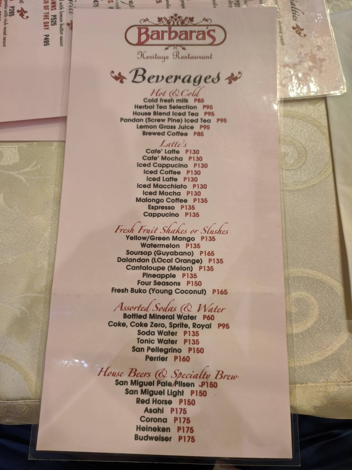 Menu at Barbara's Heritage Restaurant, Manila, Plaza San Luis Complex