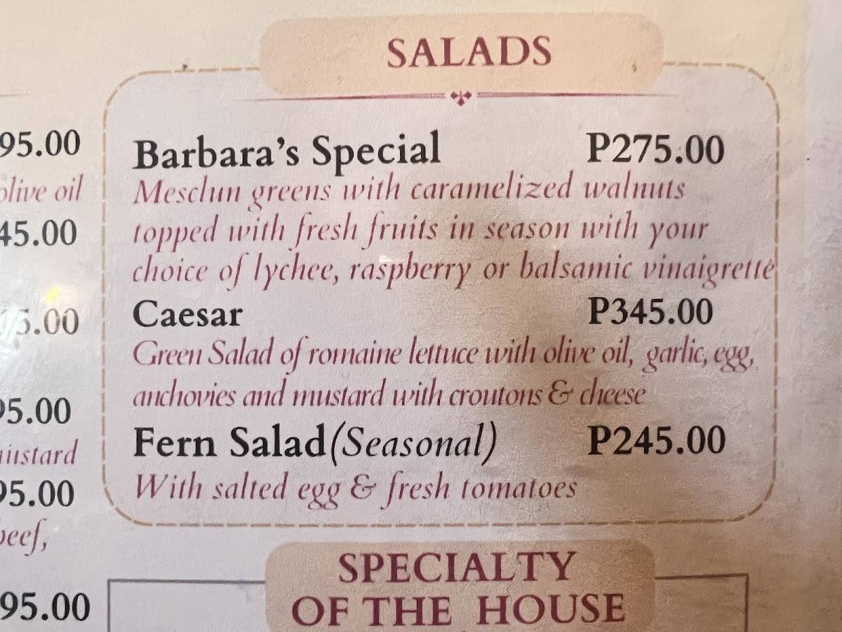 Menu at Barbara's Heritage Restaurant, Manila, Plaza San Luis Complex