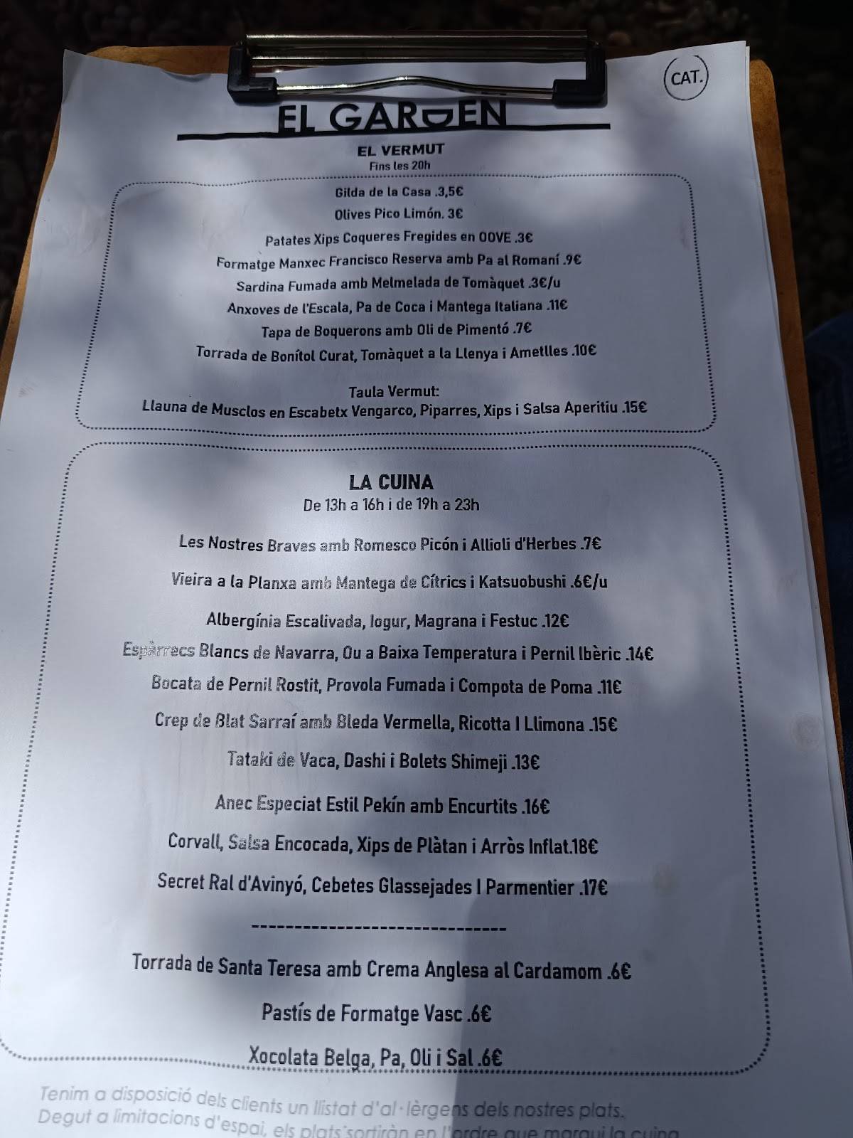 Carta de El Garden Barcelona, Barcelona