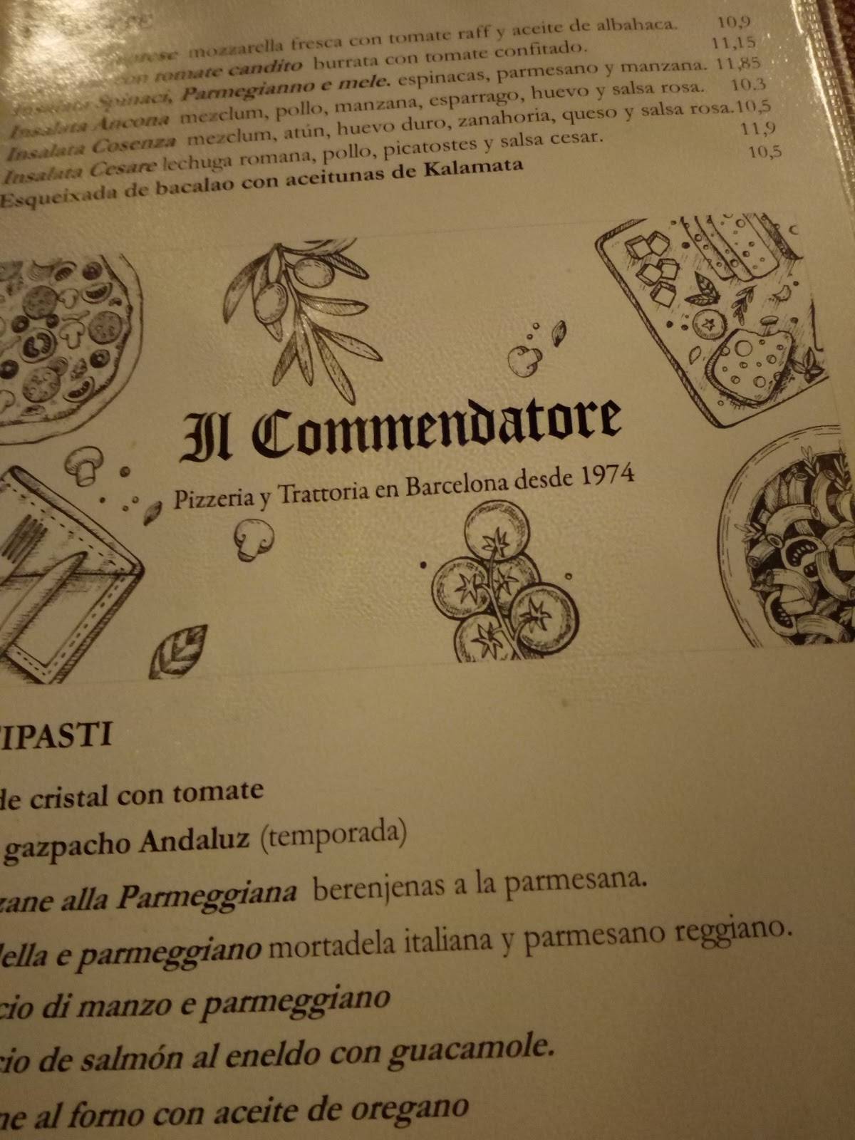 Carta del restaurante Il Commendatore, Barcelona, C/ Comte d’Urgell