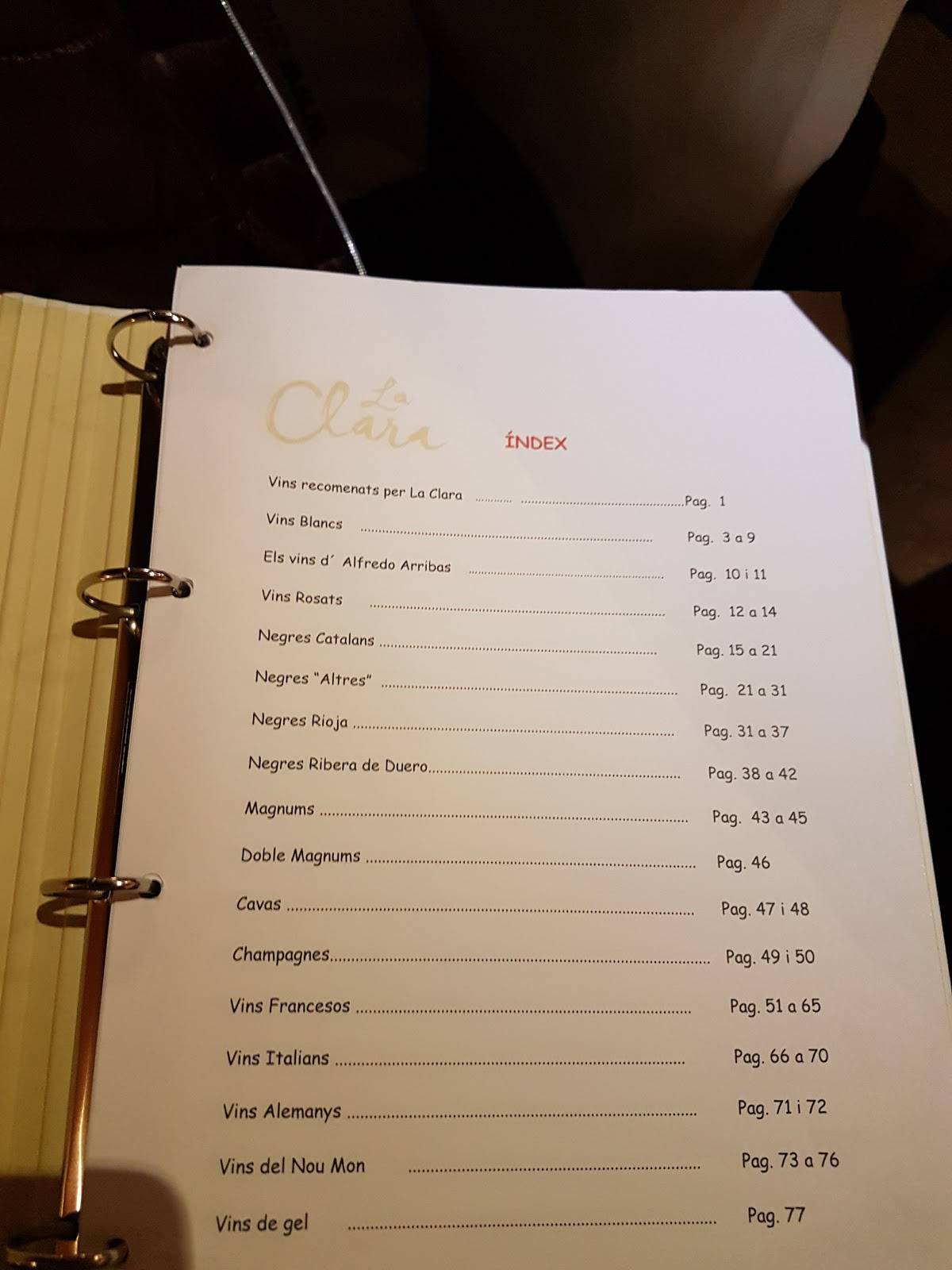 Carta de La Clara Restaurant, Barcelona, Gran Via de les Corts Catalanes