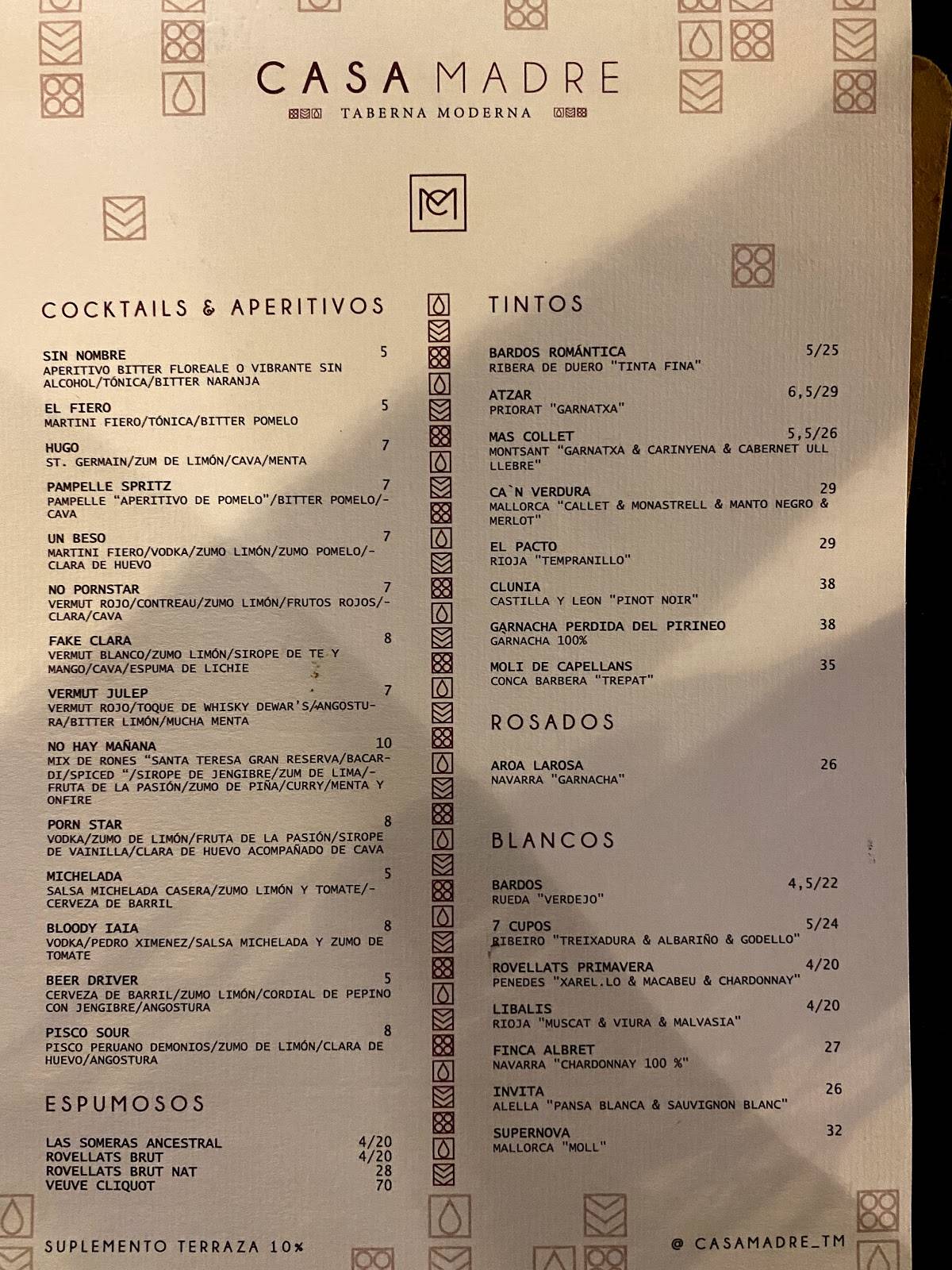 Menu at Madre Taberna Moderna - Restaurante Sagrada Familia, Barcelona
