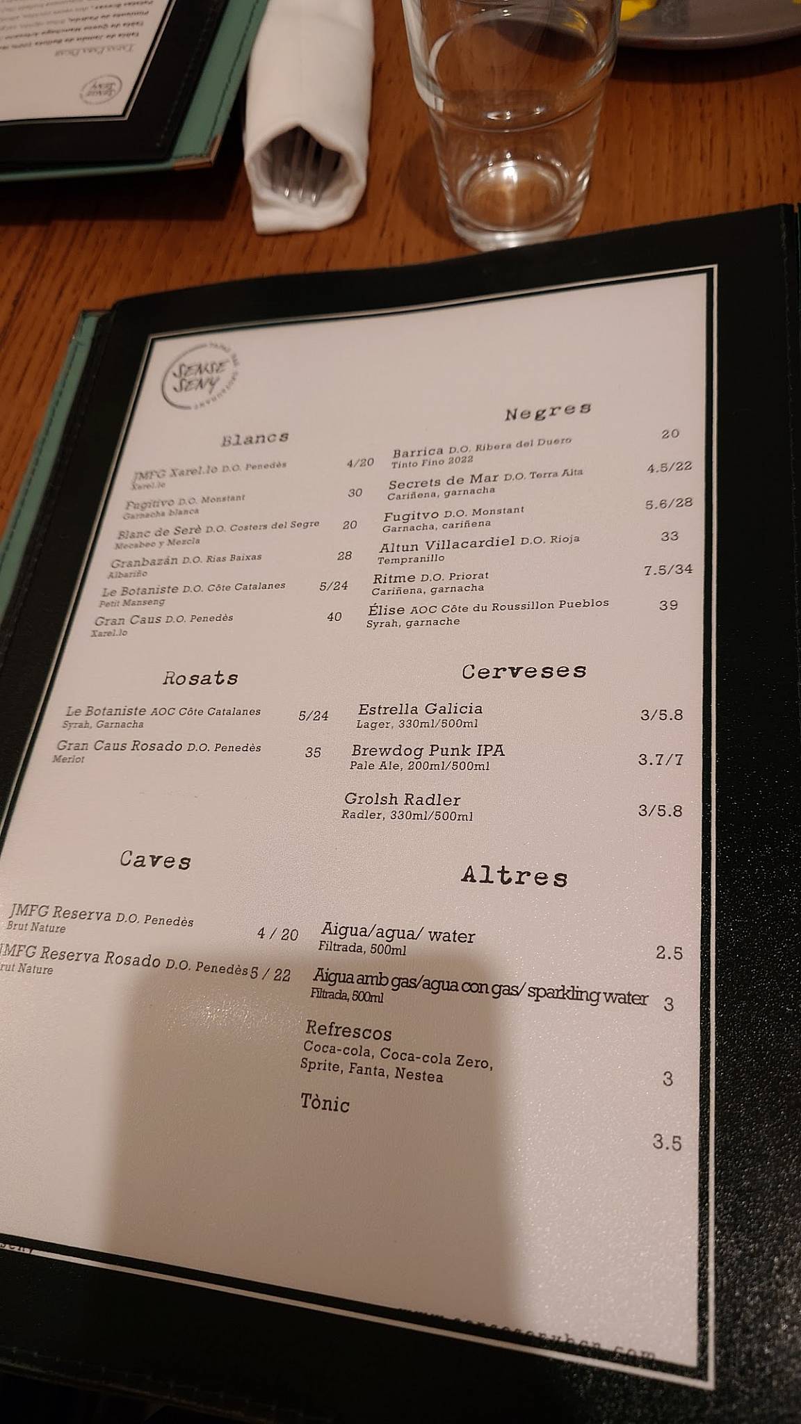 Menu at Sense Seny Restaurant, Barcelona