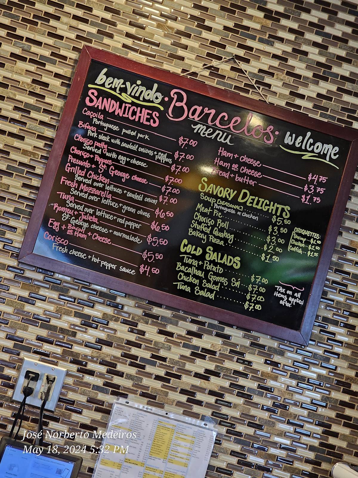 Menu at Barcelos Bakery, Fall River, 695 Bedford St