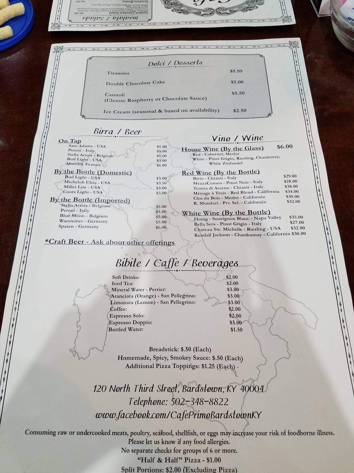 Menu at Cafe Primo, Bardstown