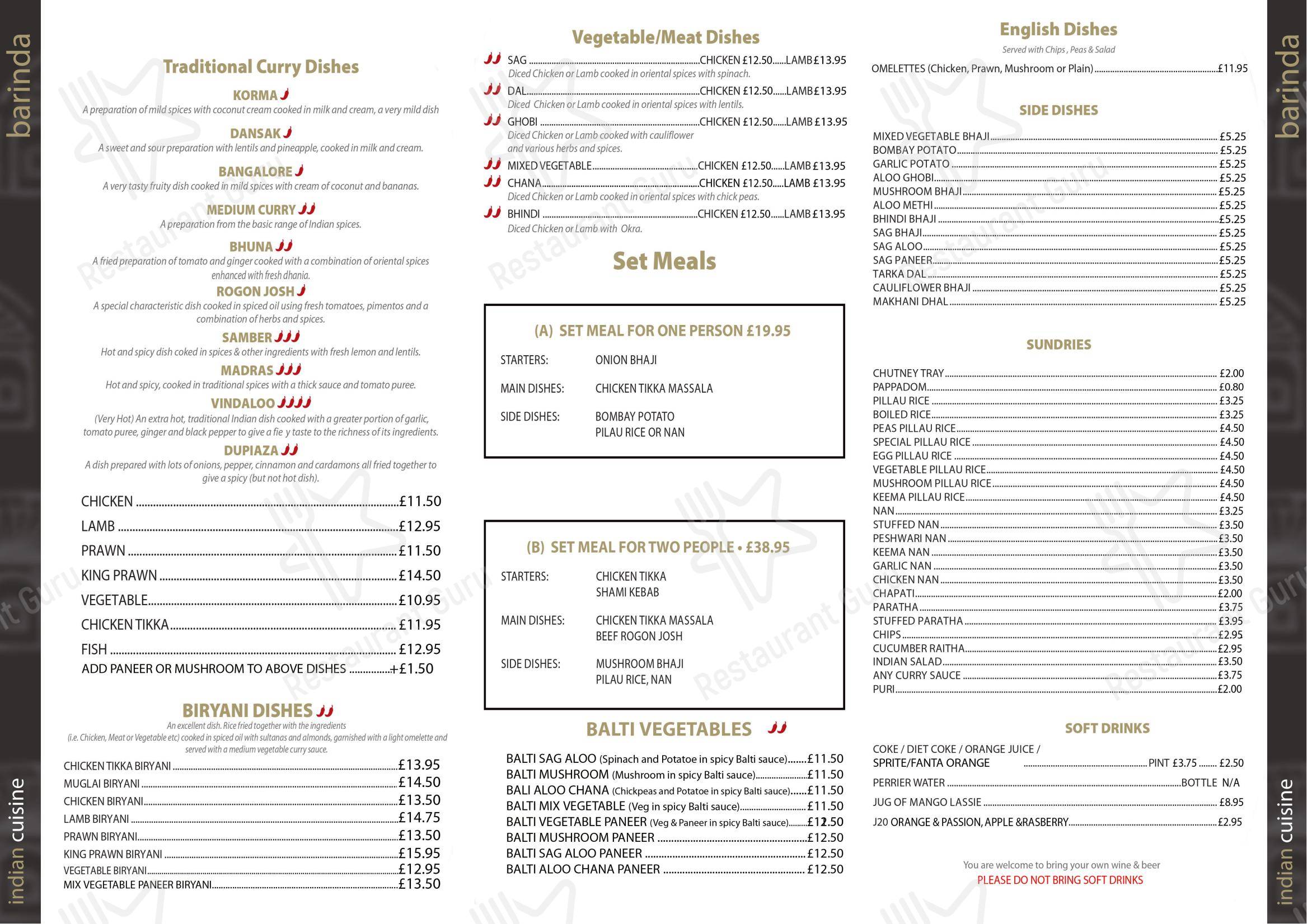 Menu at Barinda, Wilmslow