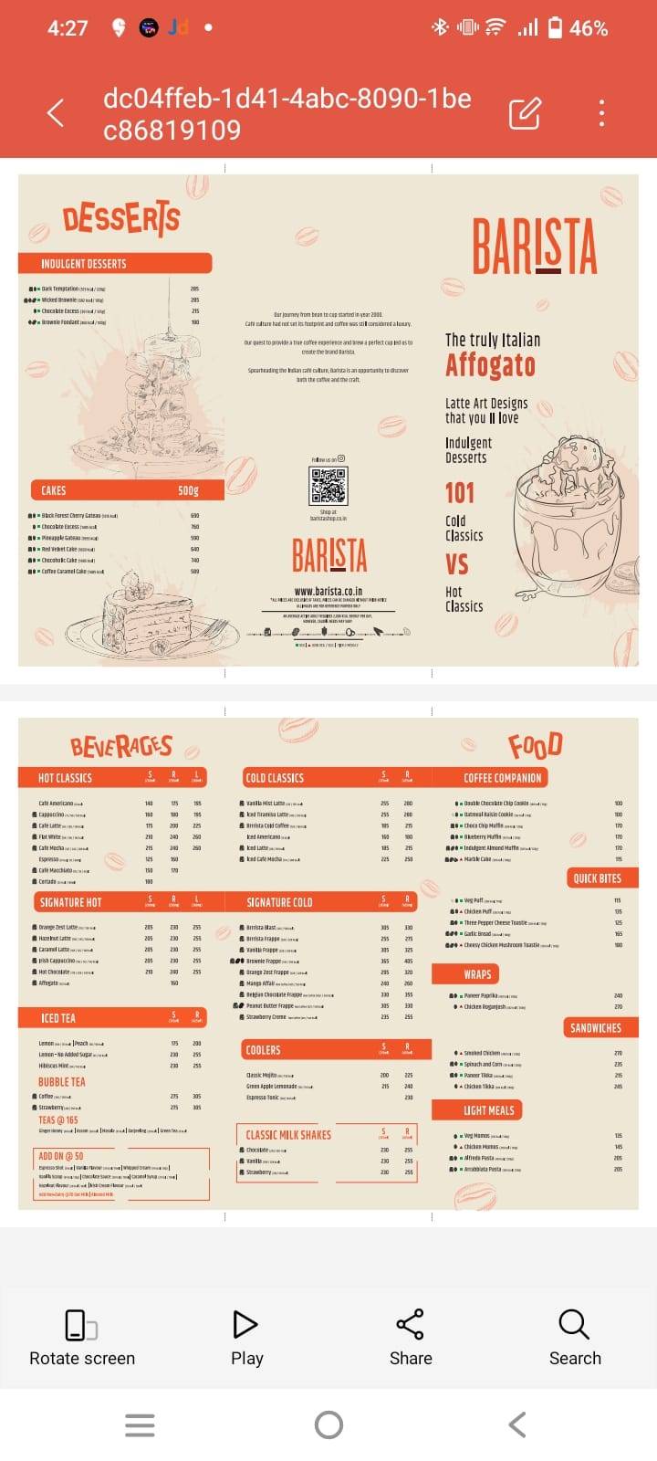 Menu at Barista Kangra, Kangra