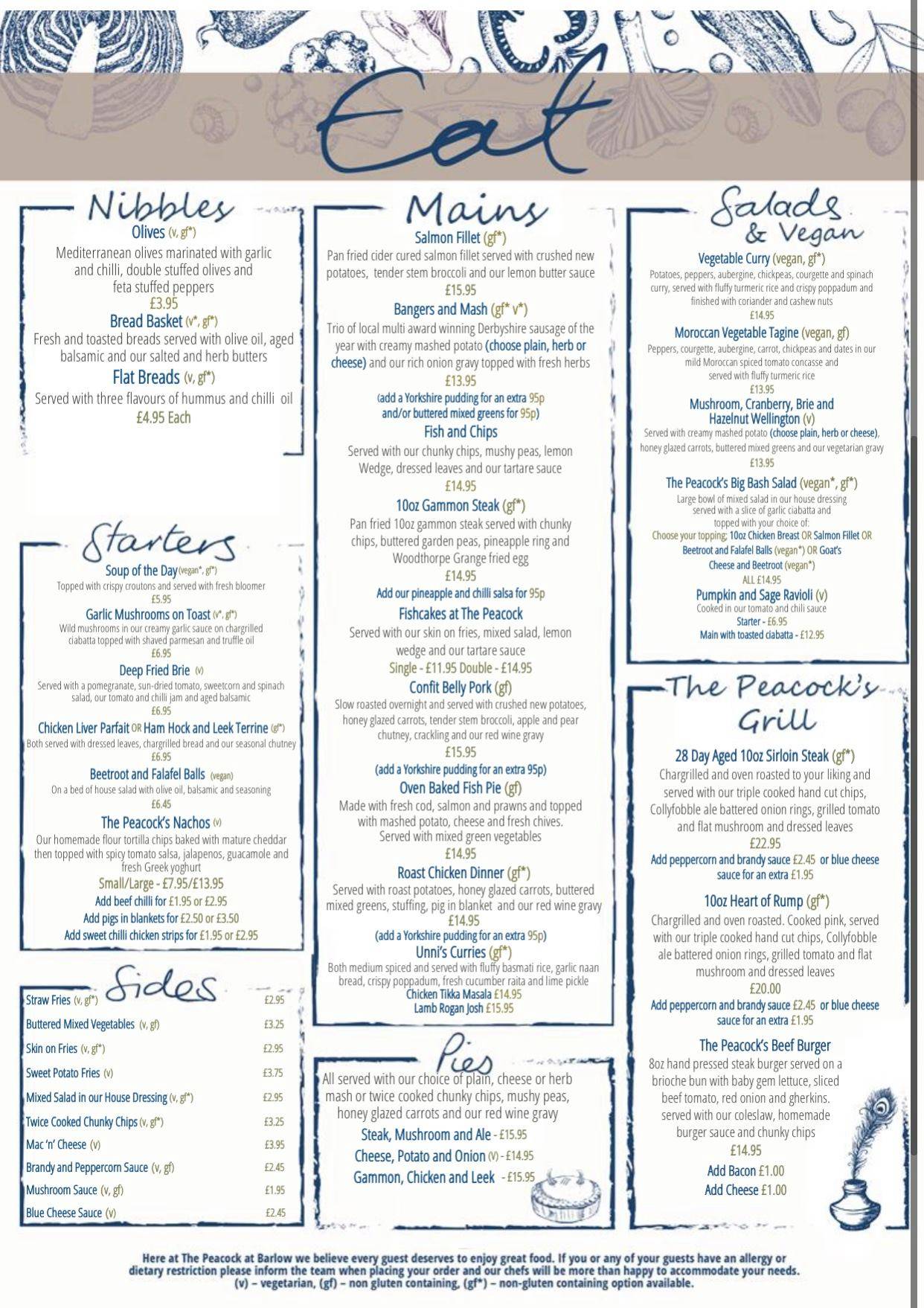 Menu at The Peacock At Barlow, Barlow