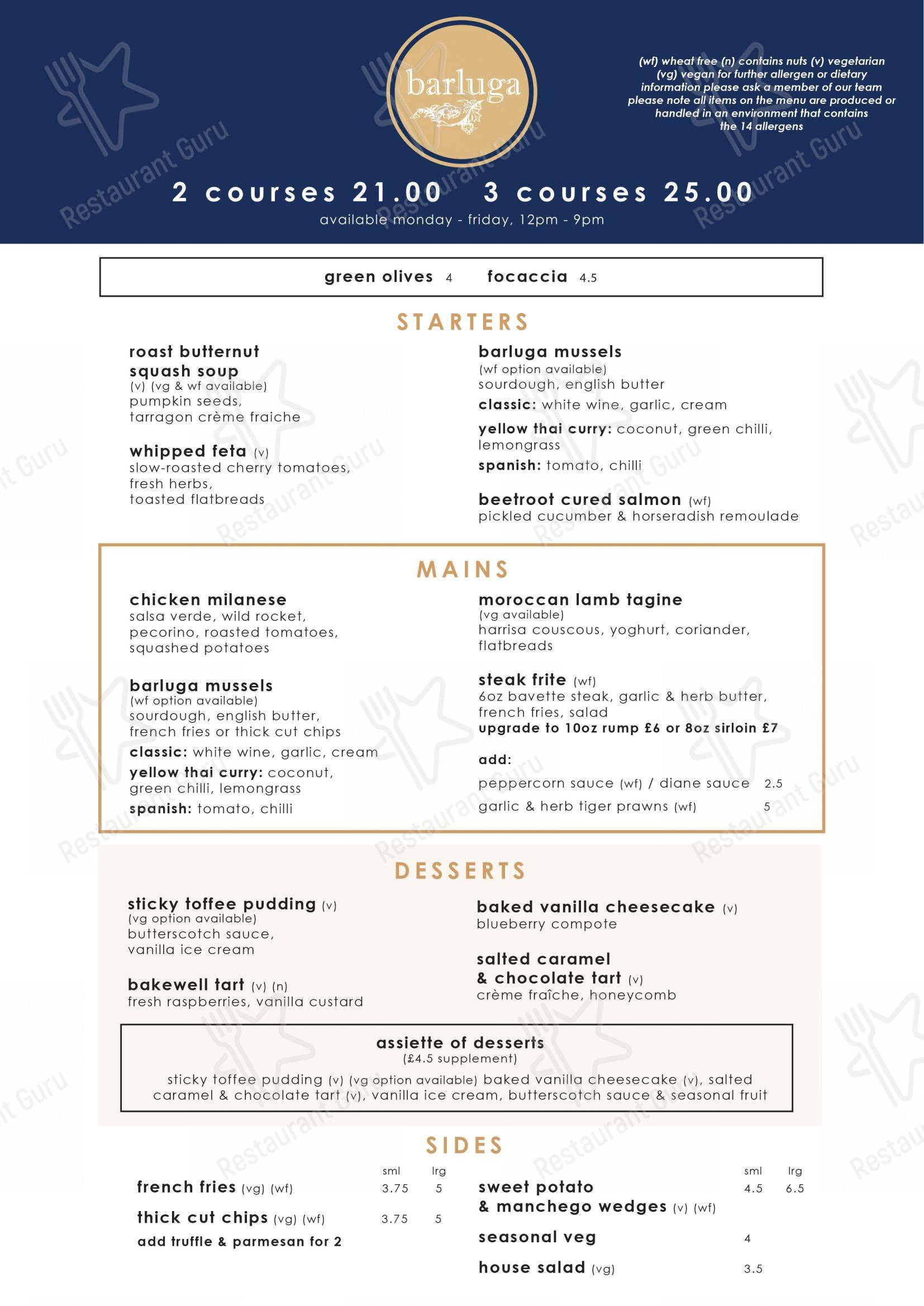 Menu at Barluga, Newcastle upon Tyne, 35 Grey St