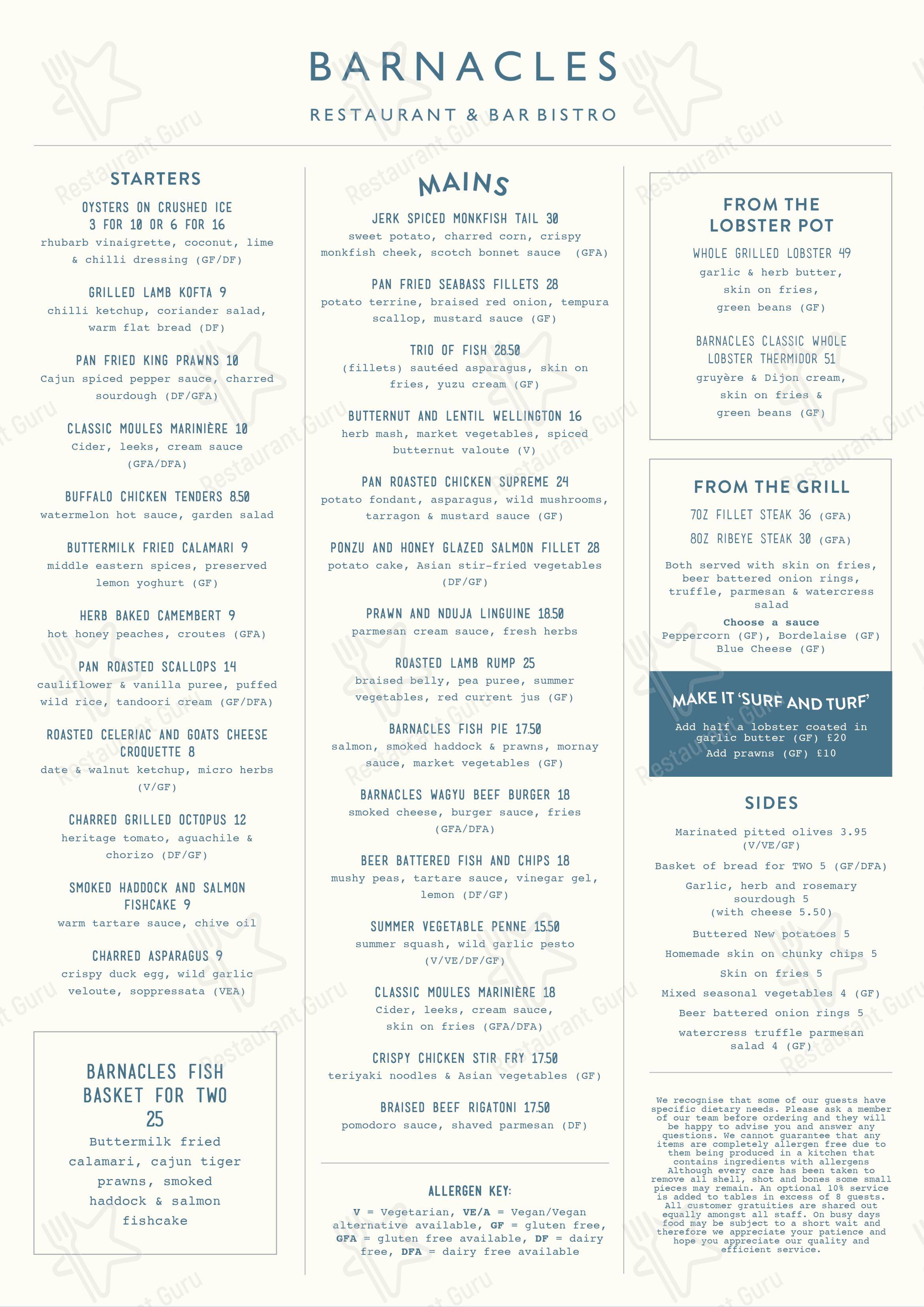 Menu at Barnacles Restaurant & Bar Bistro, Hinckley