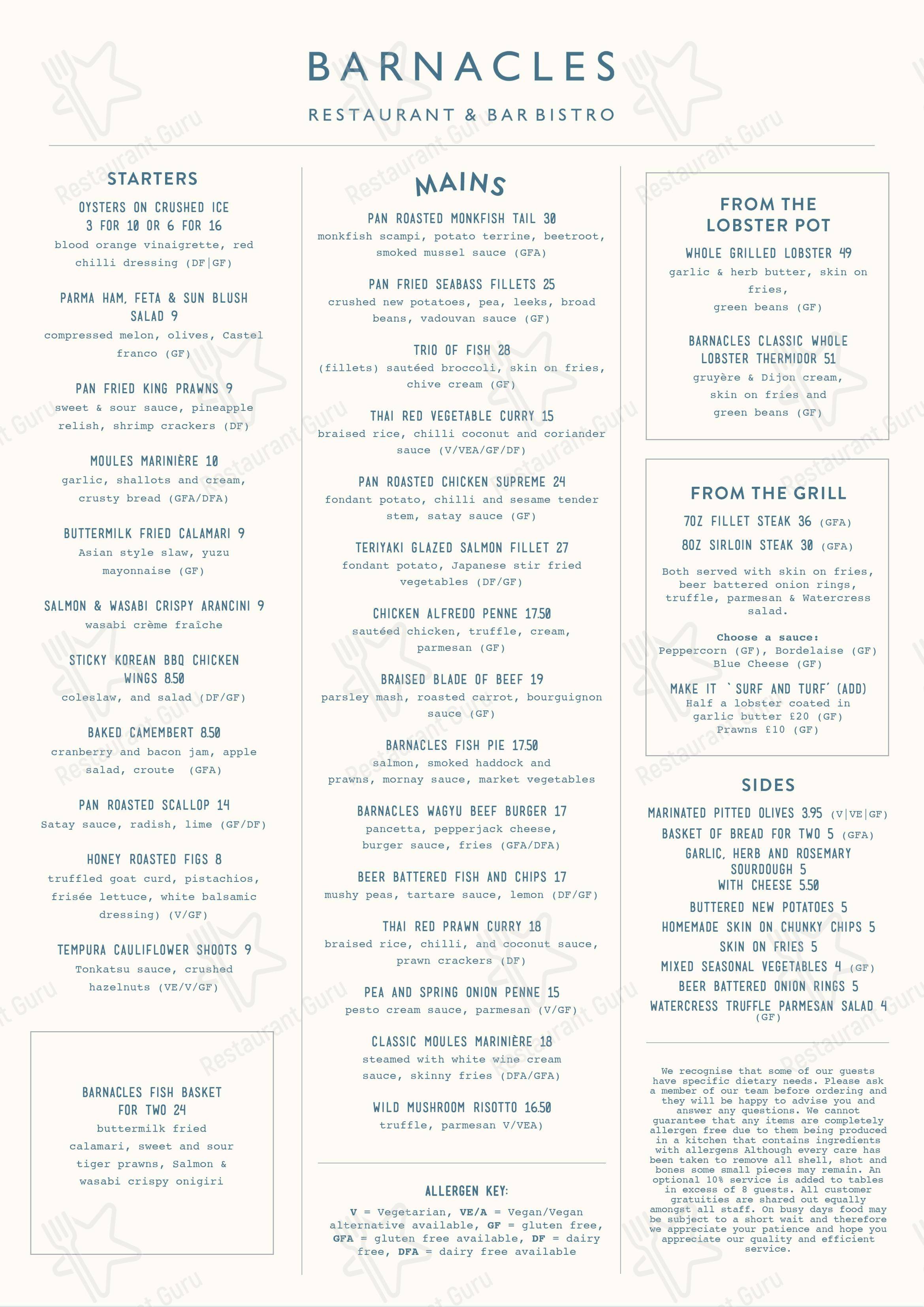 Menu at Barnacles Restaurant & Bar Bistro, Hinckley