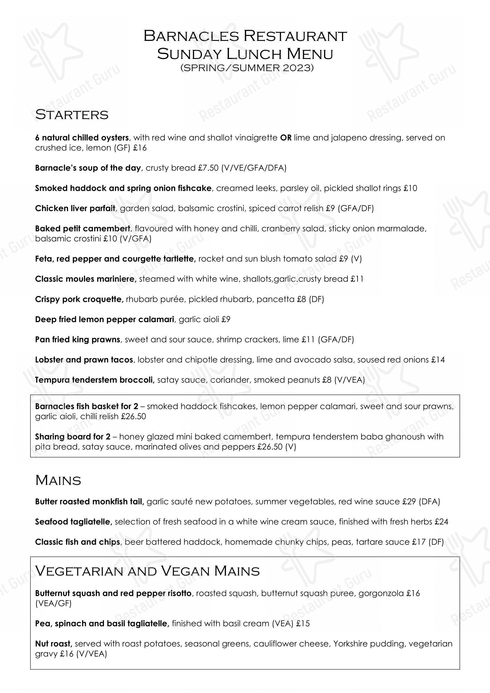 Menu at Barnacles Restaurant & Bar Bistro, Hinckley