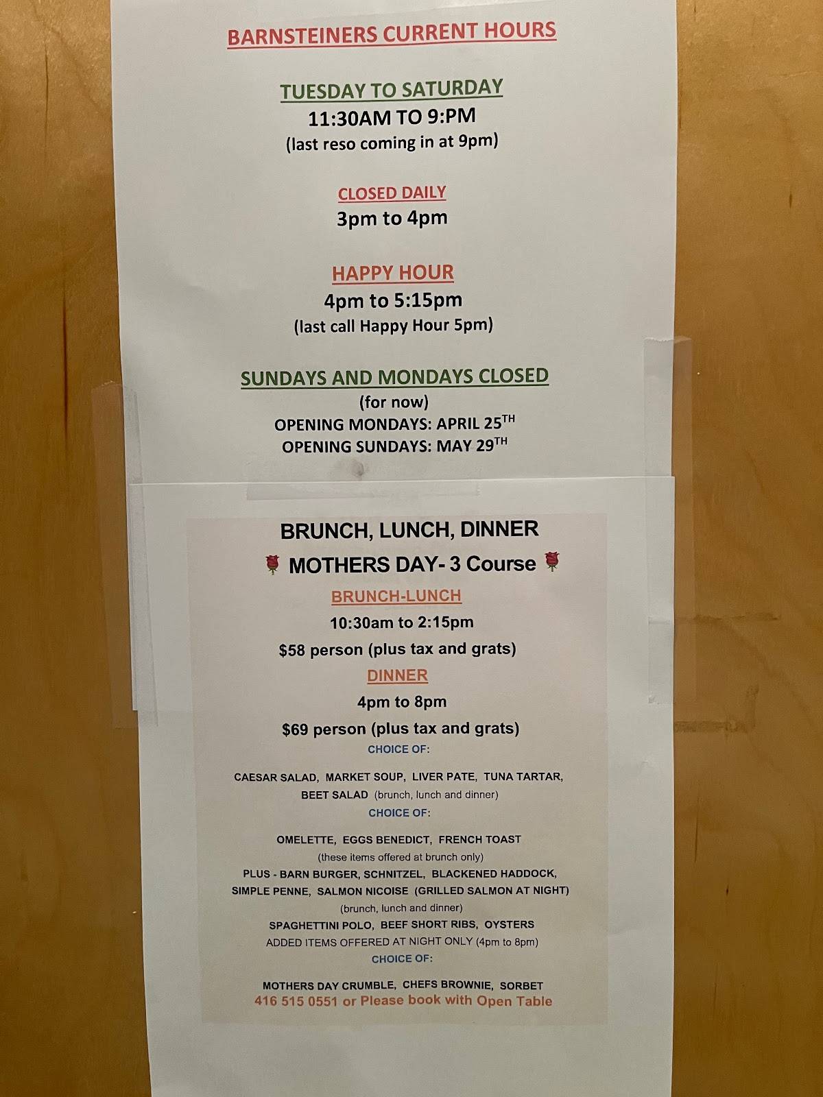 Menu at Barnsteiner's, Toronto