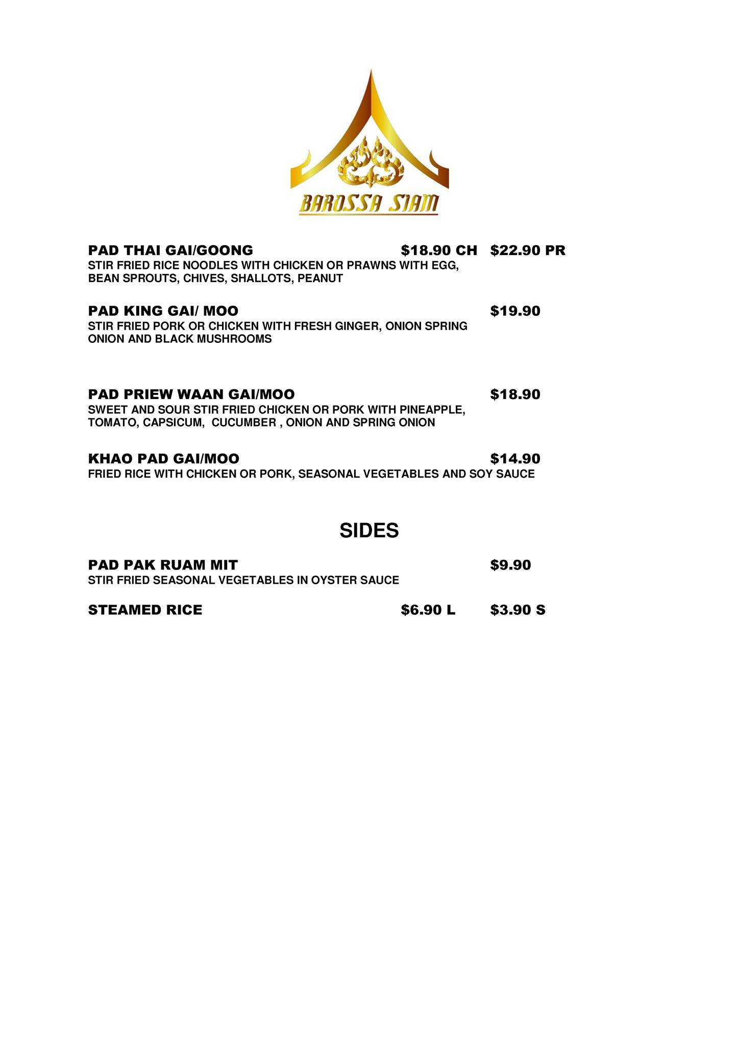 Menu at Barossa Siam, Angaston