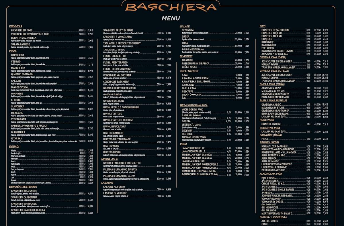 Menu at Baschiera restaurant, Zagreb, Trg Senjskih uskoka 7