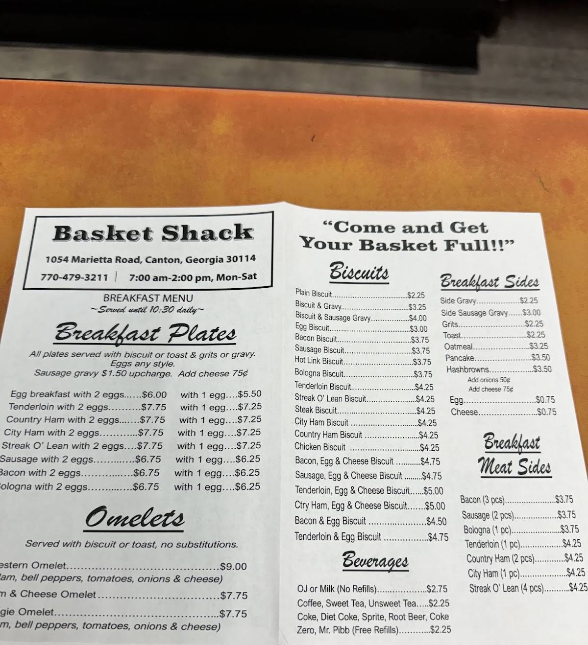 Carta del restaurante Basket Shack, Canton