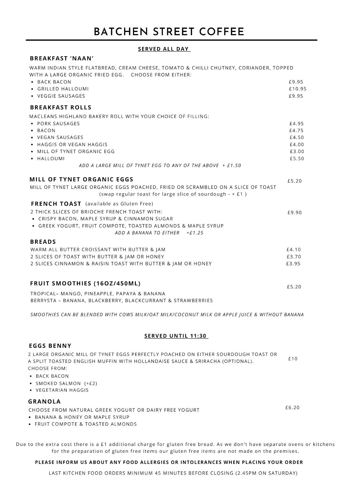 Menu at Batchen Street Coffee cafe, Elgin