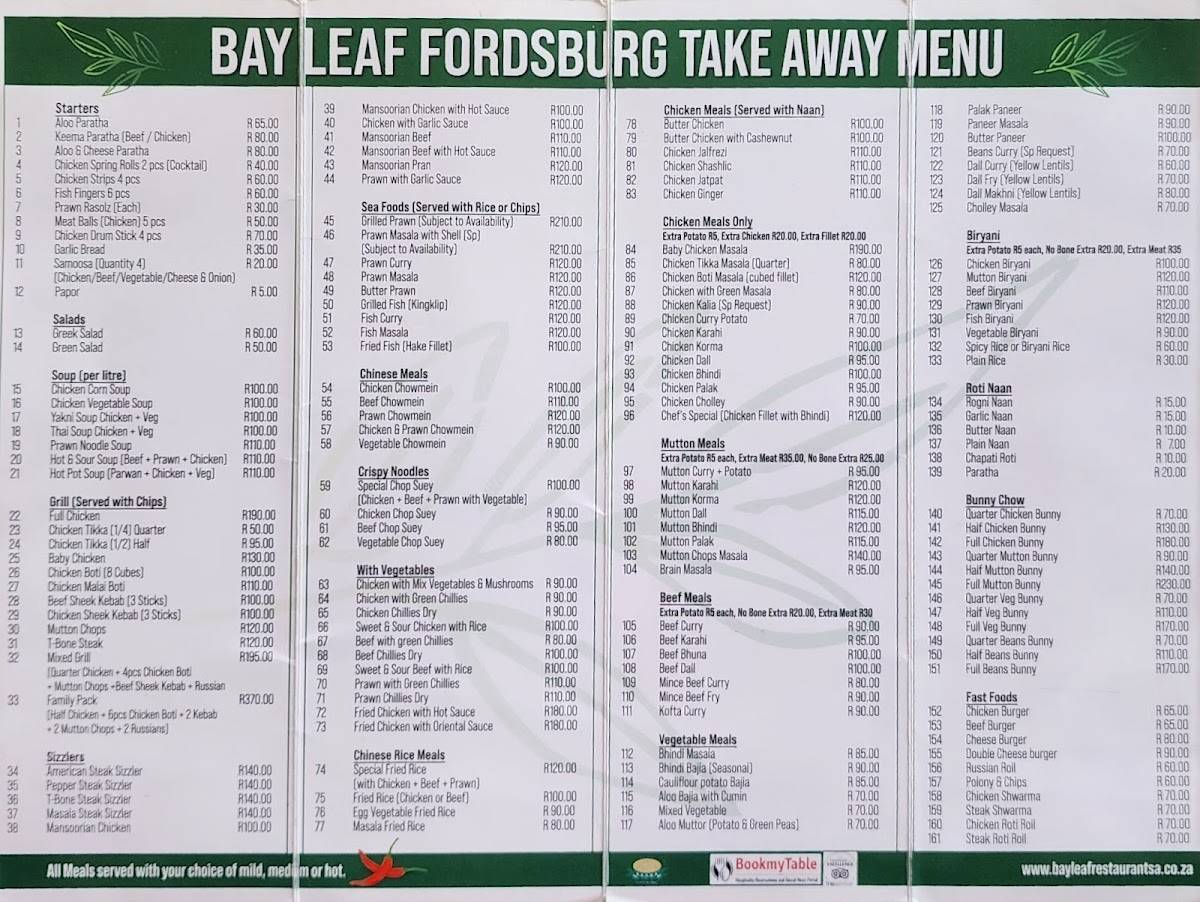 Menu at Bay Leaf Restaurant, Johannesburg