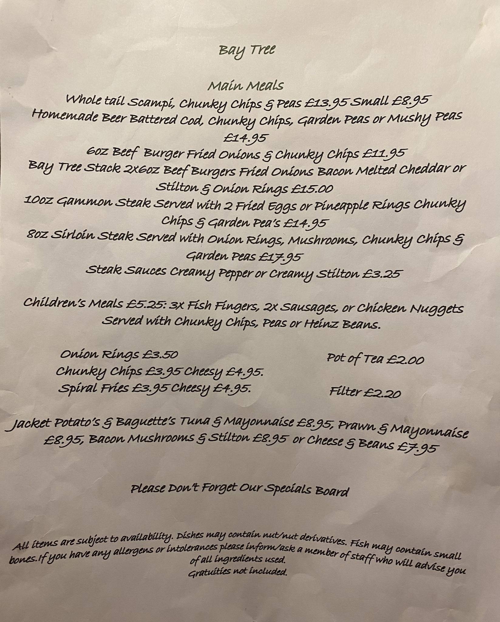 Menu at Bay Tree pub & bar, Castle Cary