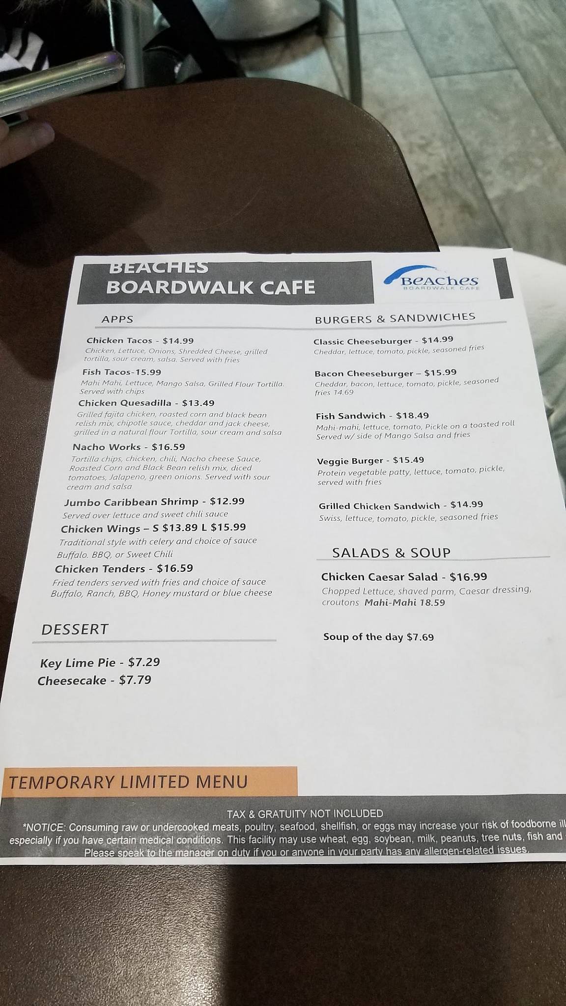 Menu at Beaches Boardwalk Cafe, Fort Myers, Terminal Access Rd