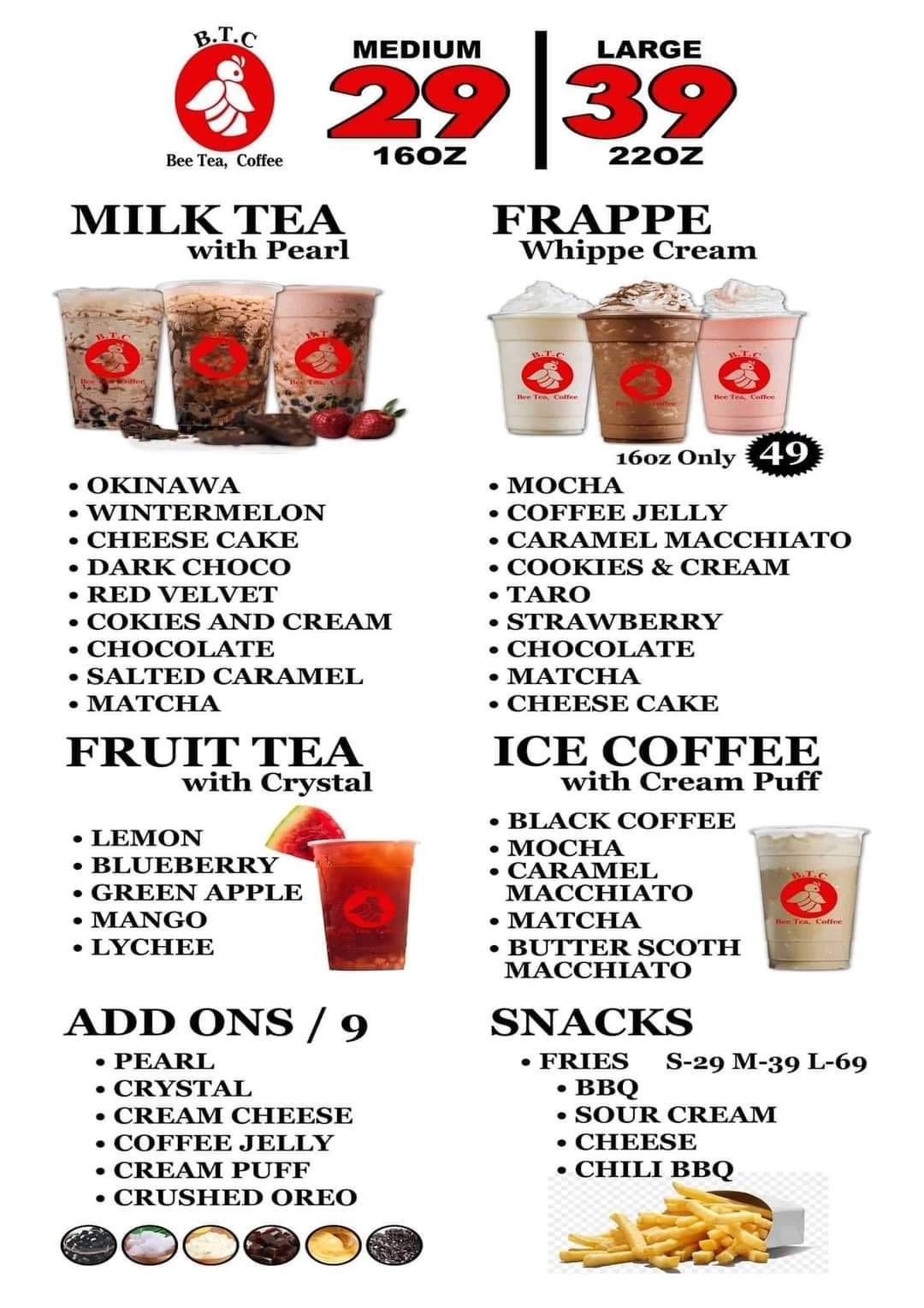 Menu at Bee Tea Coffee, General Mariano Alvarez