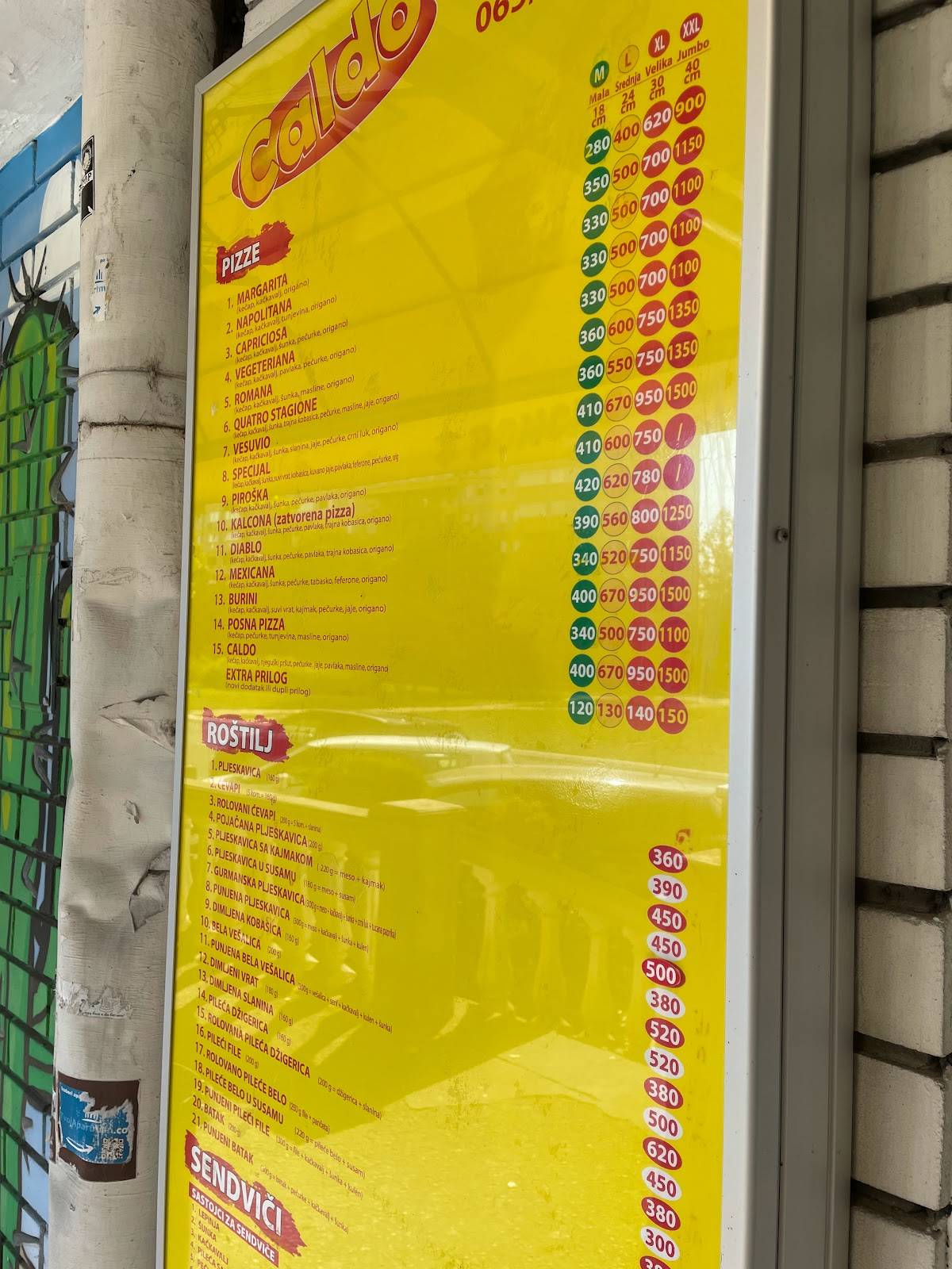 Menu at Caldo restaurant, Belgrade, Bulevar Zorana Đinđića 44a